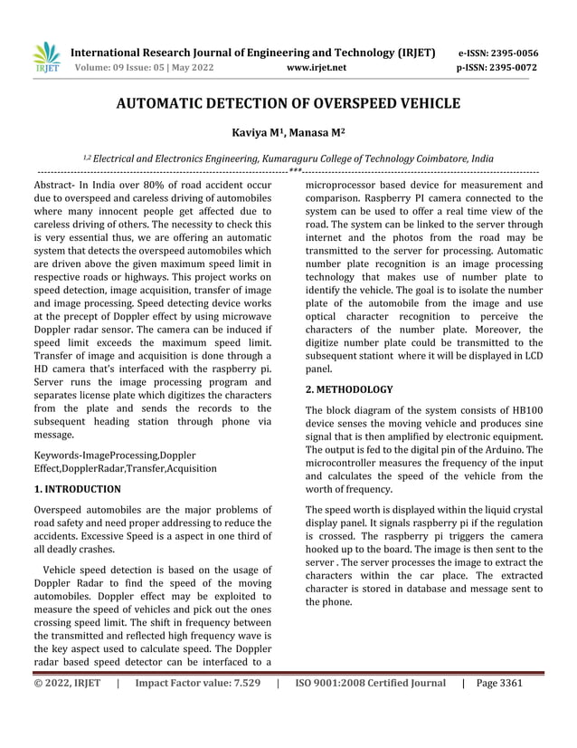AUTOMATIC DETECTION OF OVERSPEED VEHICLE | PDF