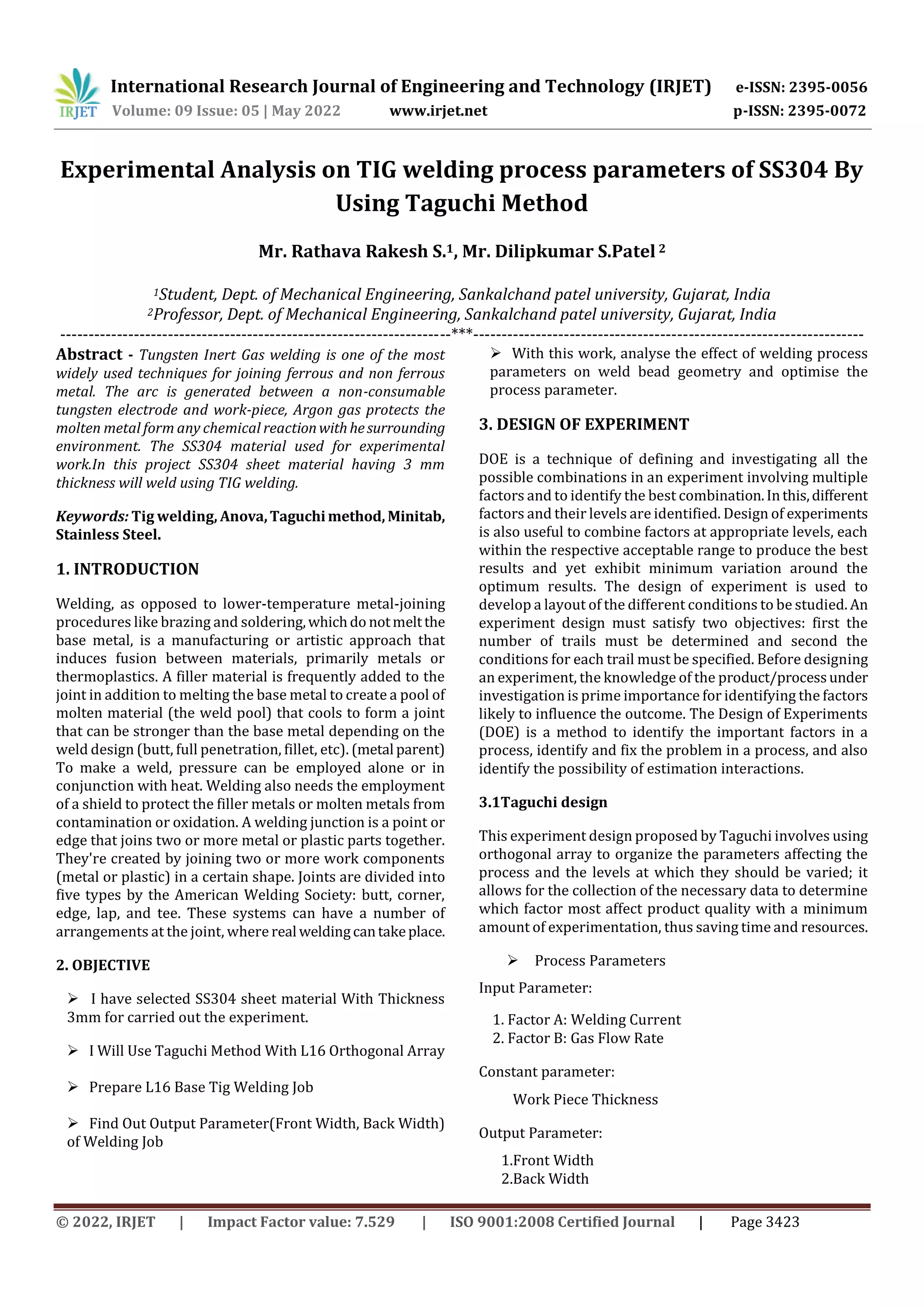Experimental Analysis on TIG welding process parameters of SS304 By Using Taguchi Method | PDF