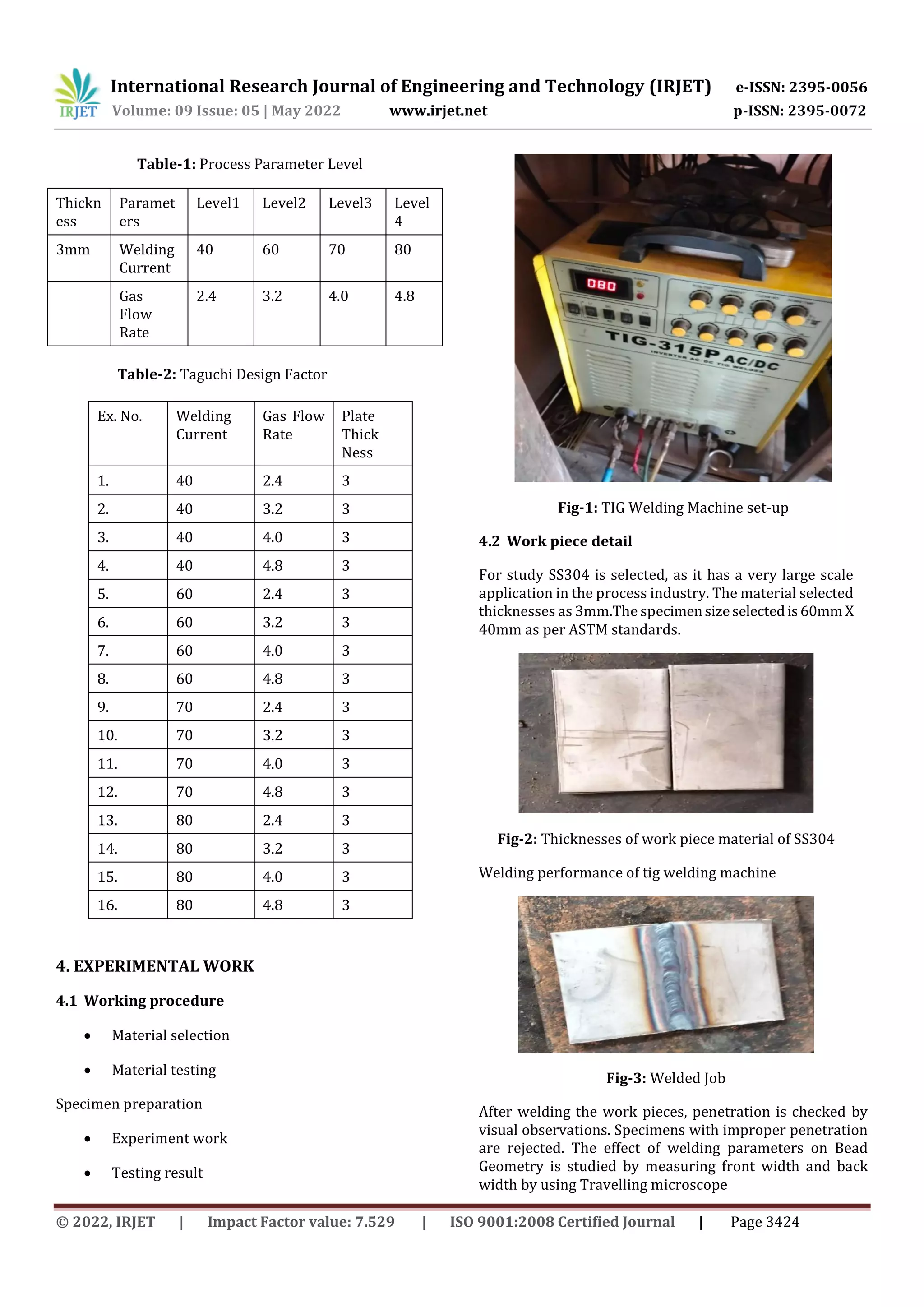 Experimental Analysis on TIG welding process parameters of SS304 By Using Taguchi Method | PDF