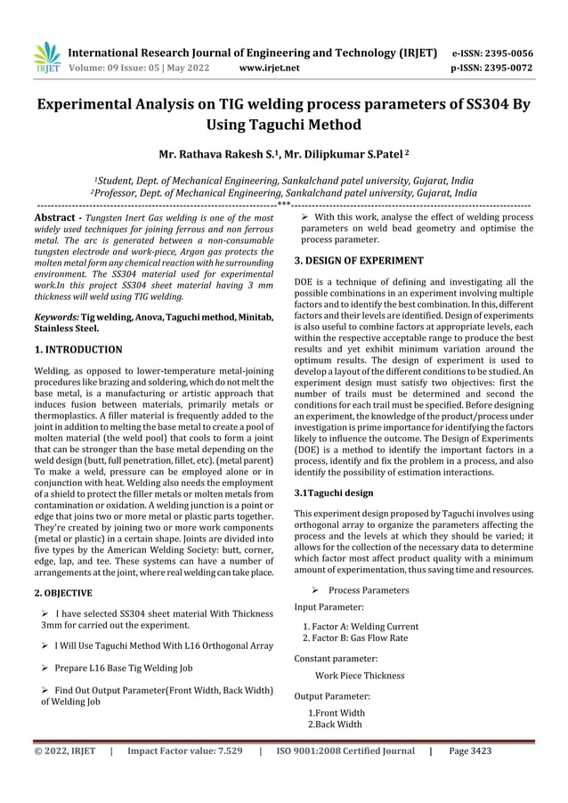 Experimental Analysis on TIG welding process parameters of SS304 By Using Taguchi Method | PDF
