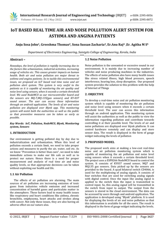 IoT BASED REAL TIME AIR AND NOISE POLLUTION ALERT SYSTEM FOR ASTHMA AND ANGINA PATIENTS | PDF