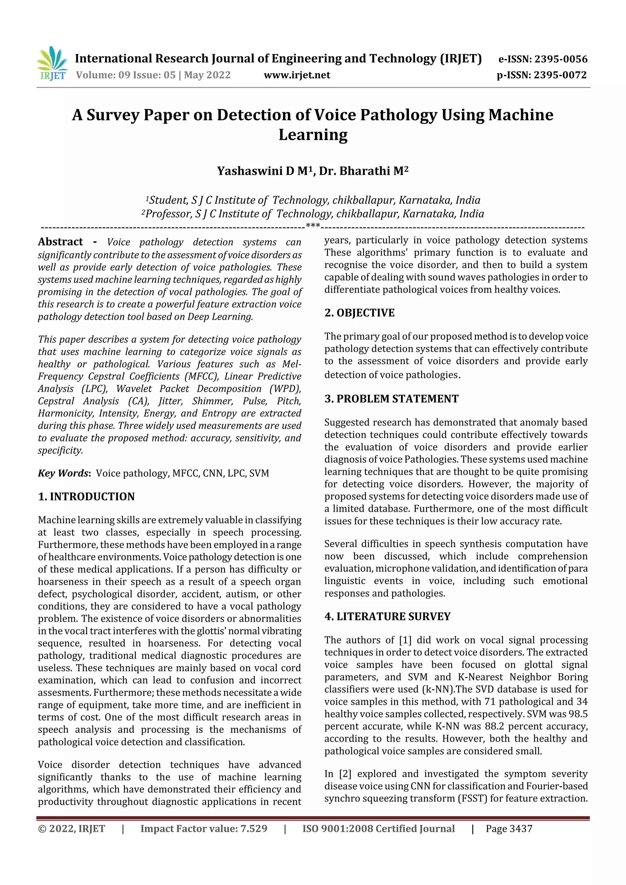 A Survey Paper on Detection of Voice Pathology Using Machine Learning | PDF | Digital Audio ...