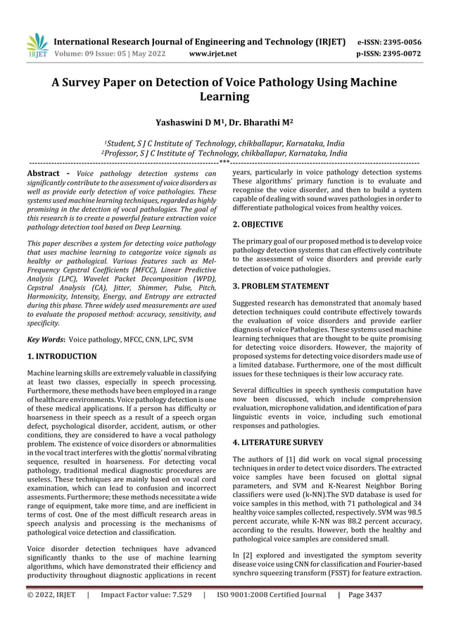 A Survey Paper on Detection of Voice Pathology Using Machine Learning | PDF