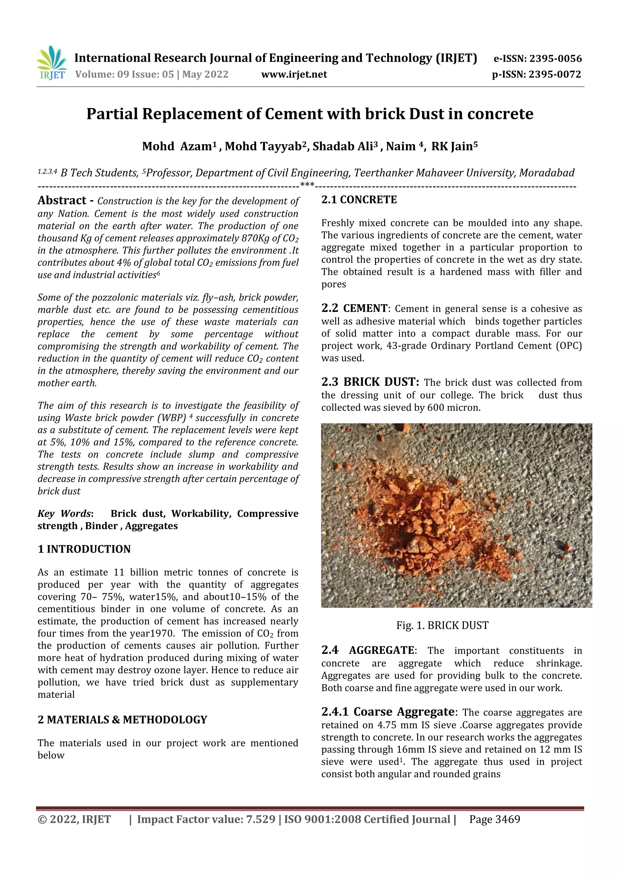 Partial Replacement of Cement with brick Dust in concrete | PDF