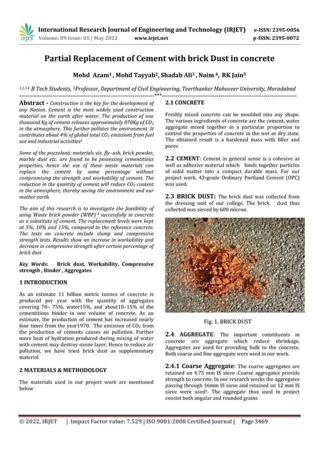 Partial Replacement of Cement with brick Dust in concrete | PDF