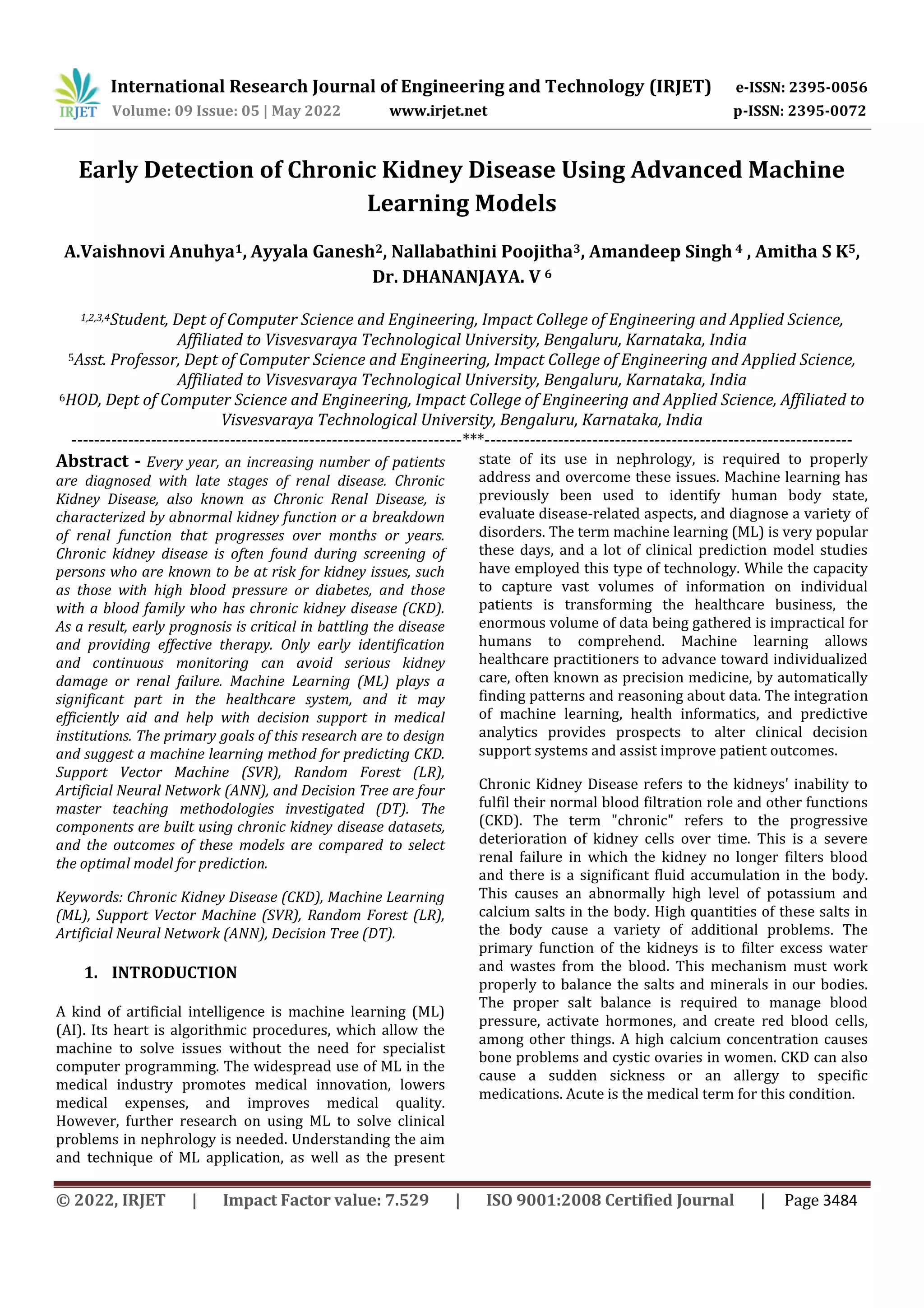 Early Detection of Chronic Kidney Disease Using Advanced Machine Learning Models | PDF