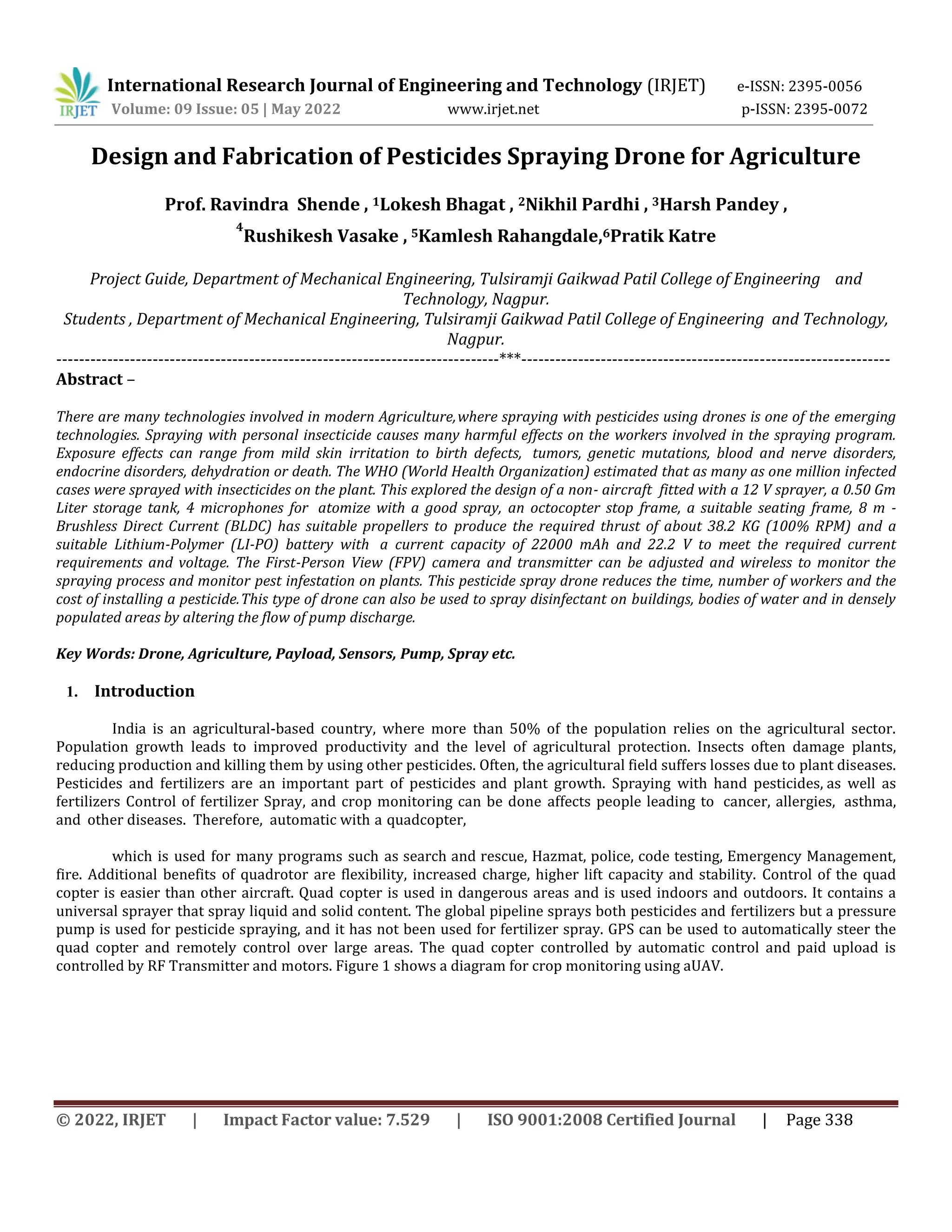 Design and Fabrication of Pesticides Spraying Drone for Agriculture | PDF