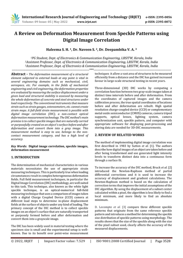 A Review on Deformation Measurement from Speckle Patterns using Digital Image Correlation | PDF