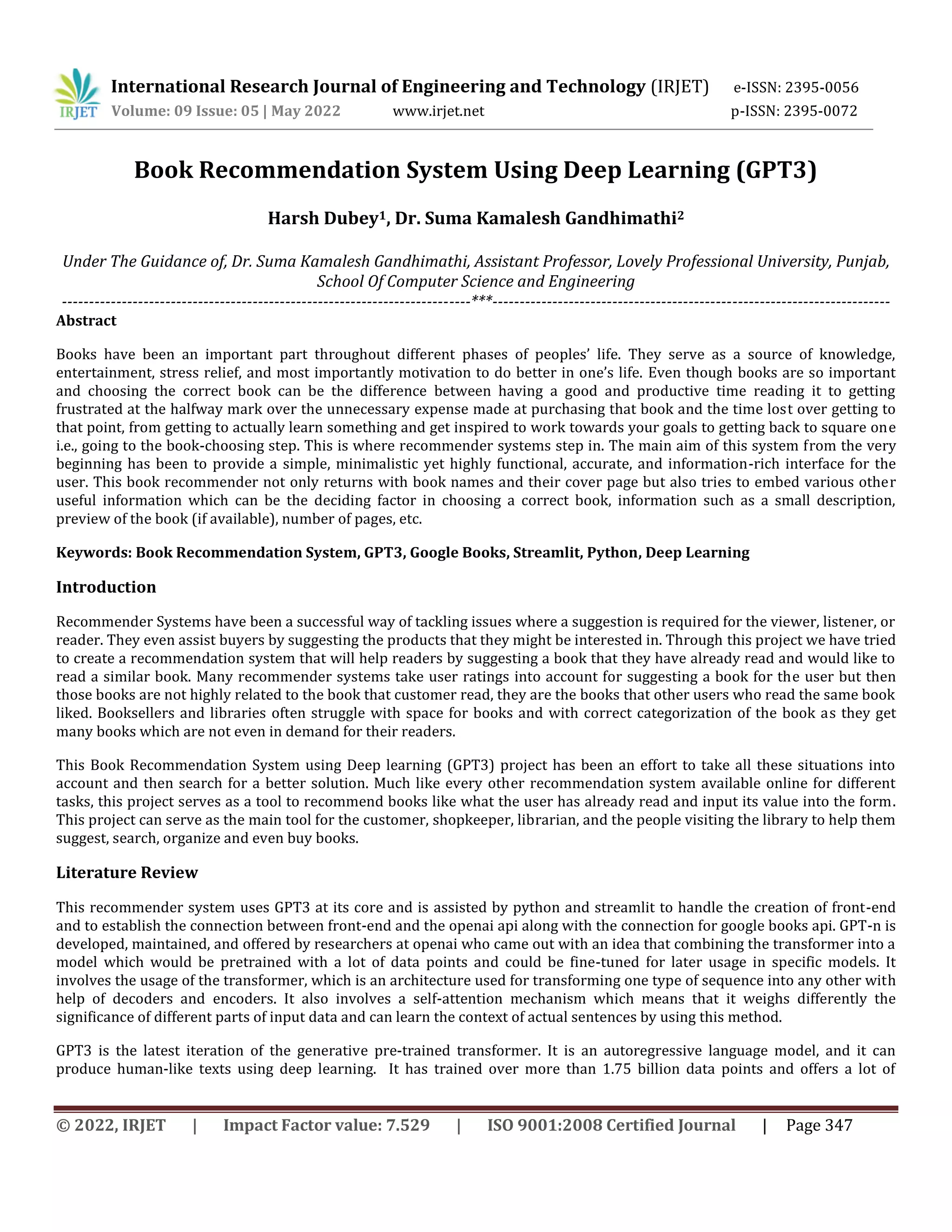 Book Recommendation System Using Deep Learning (GPT3) | PDF