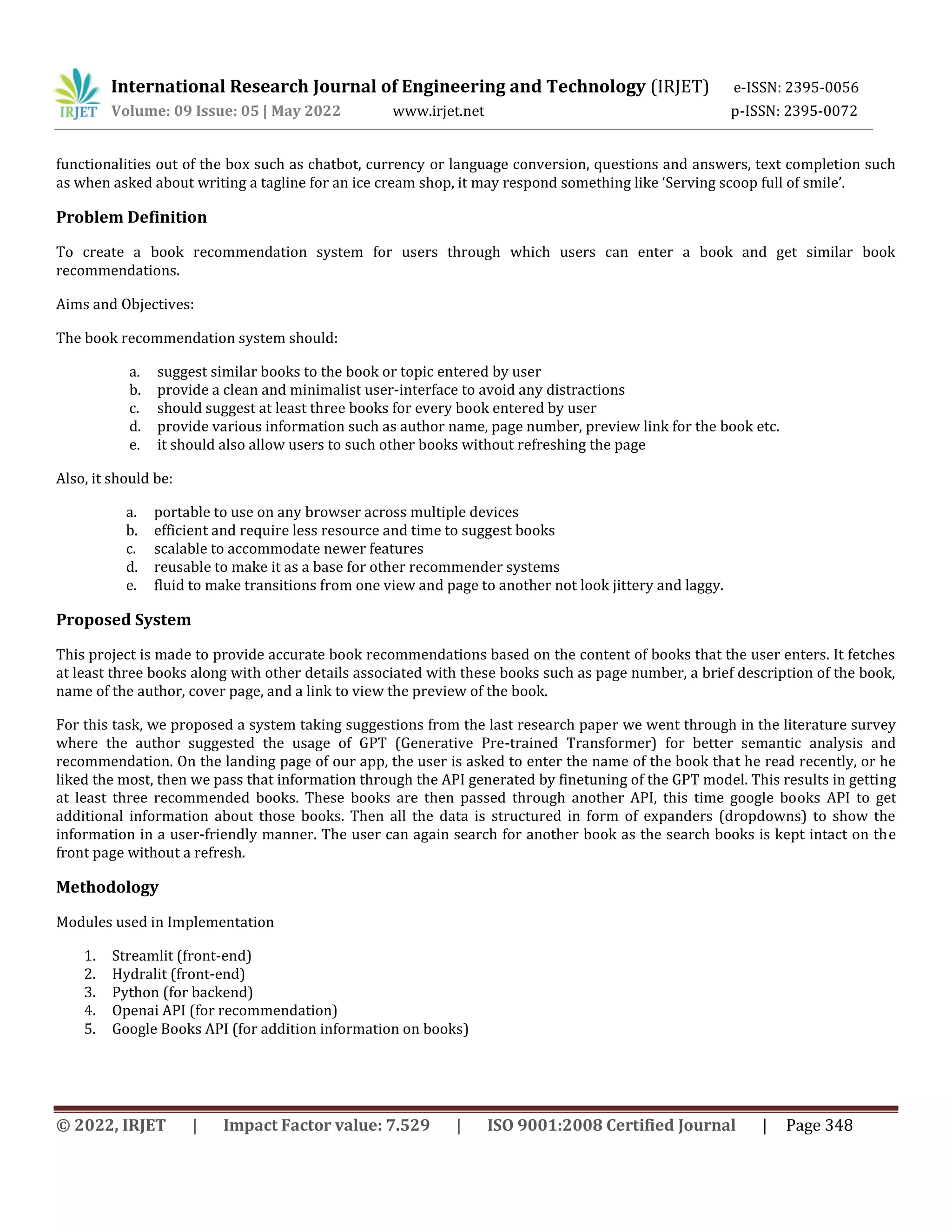 Book Recommendation System Using Deep Learning (GPT3) | PDF