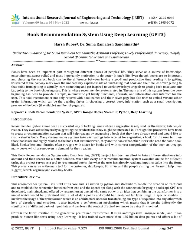 Book Recommendation System Using Deep Learning (GPT3) | PDF