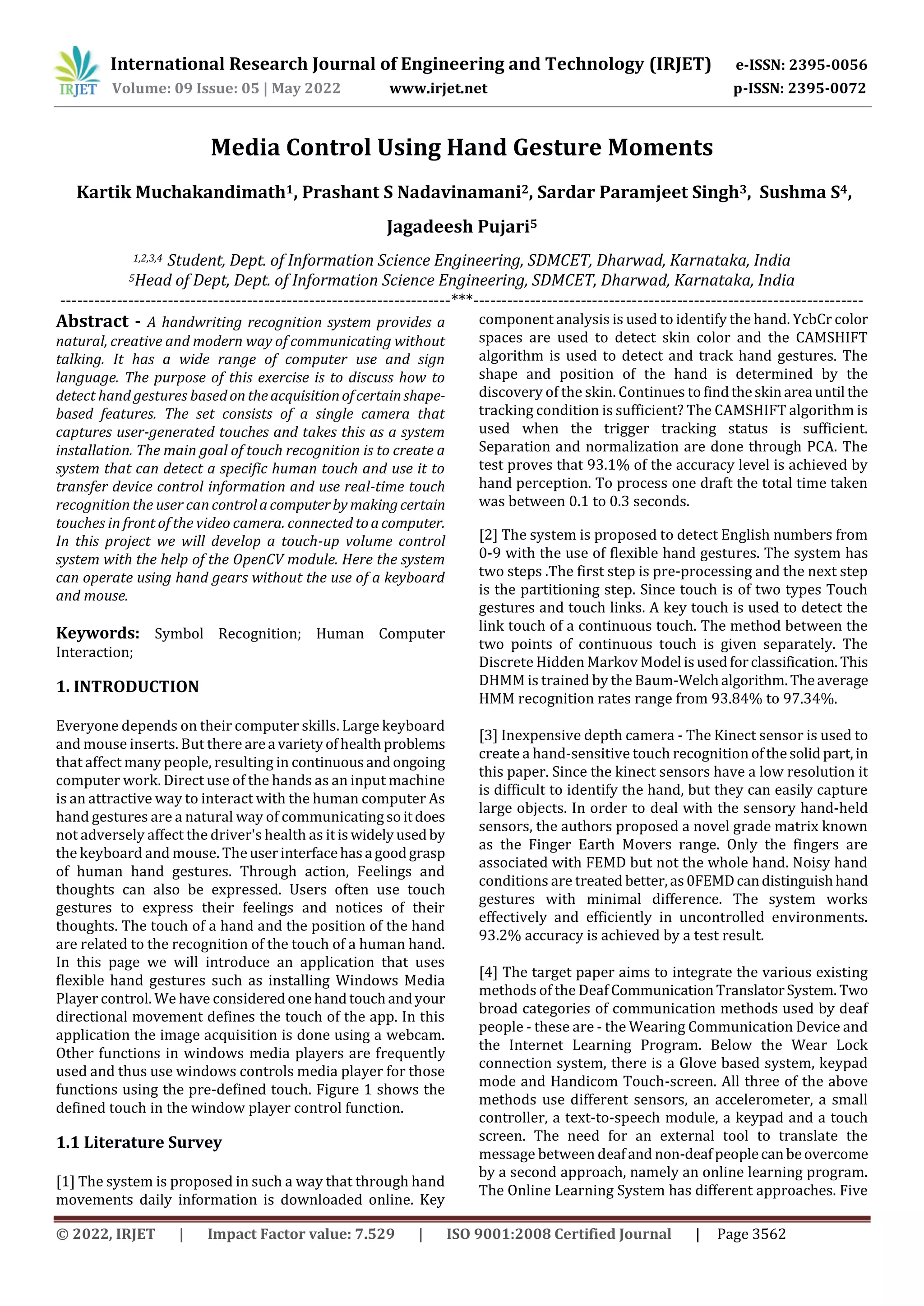 Media Control Using Hand Gesture Moments | PDF