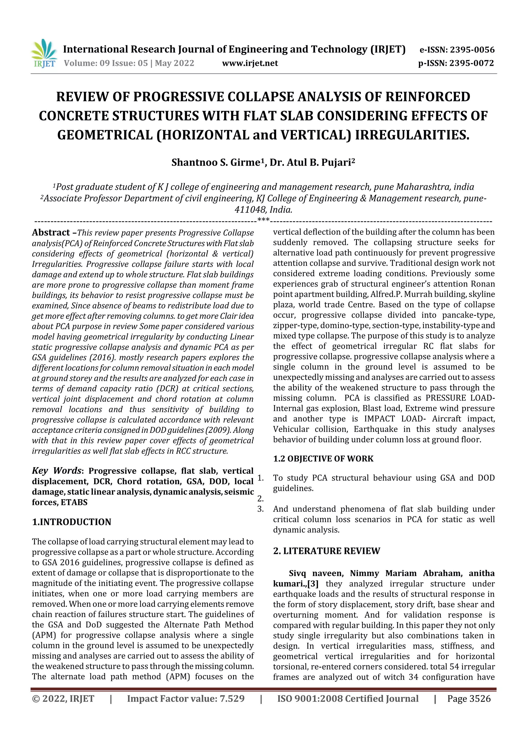 REVIEW OF PROGRESSIVE COLLAPSE ANALYSIS OF REINFORCED CONCRETE STRUCTURES WITH FLAT SLAB ...