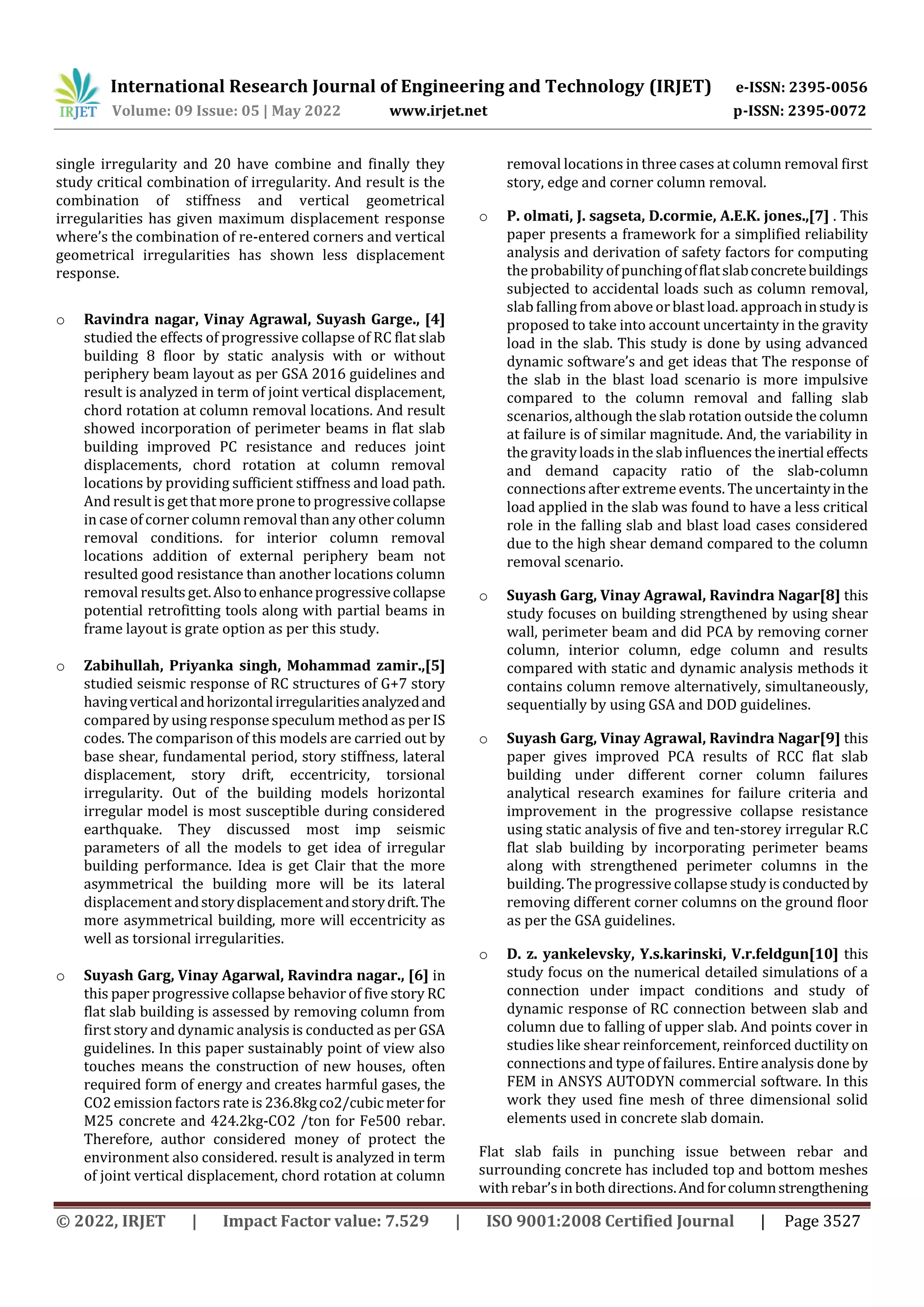 Review Of Progressive Collapse Analysis Of Reinforced Concrete Structures With Flat Slab