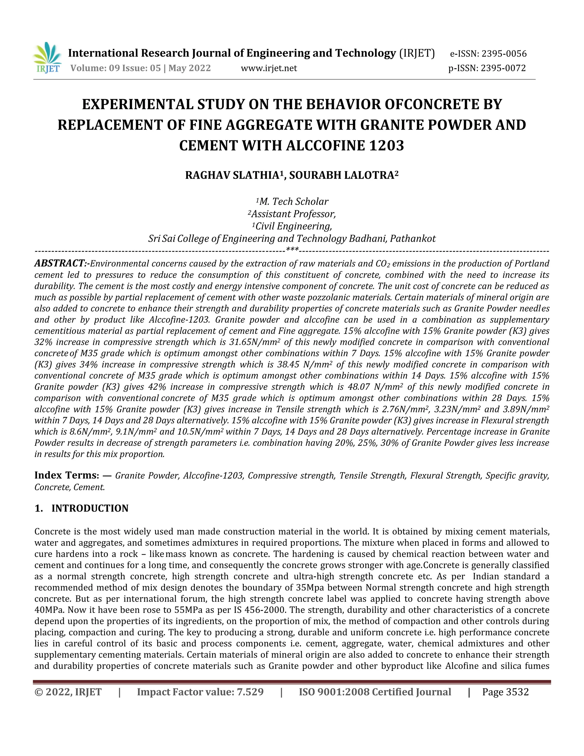 EXPERIMENTAL STUDY ON THE BEHAVIOR OFCONCRETE BY REPLACEMENT OF FINE AGGREGATE WITH GRANITE ...