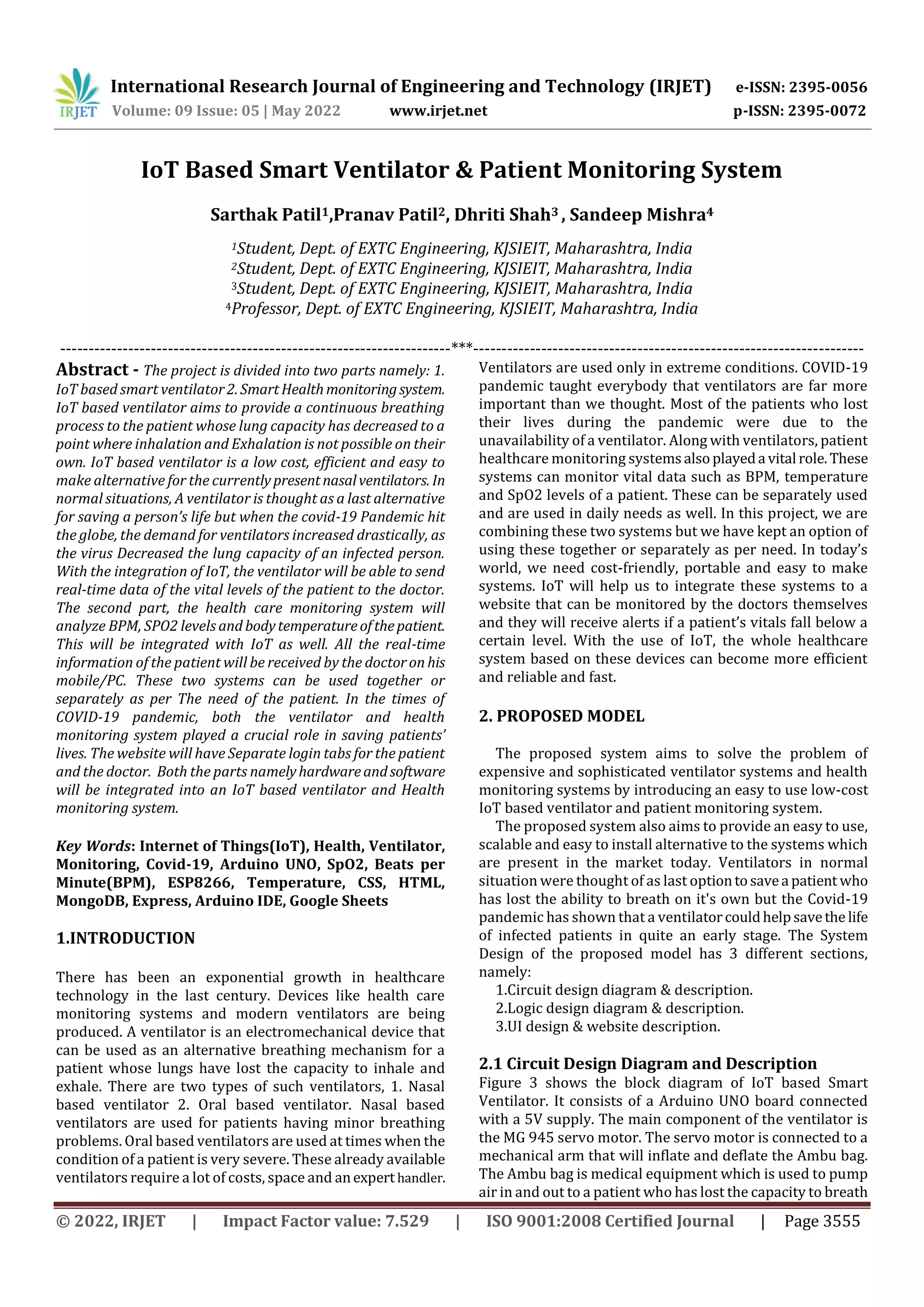 IoT Based Smart Ventilator & Patient Monitoring System | PDF