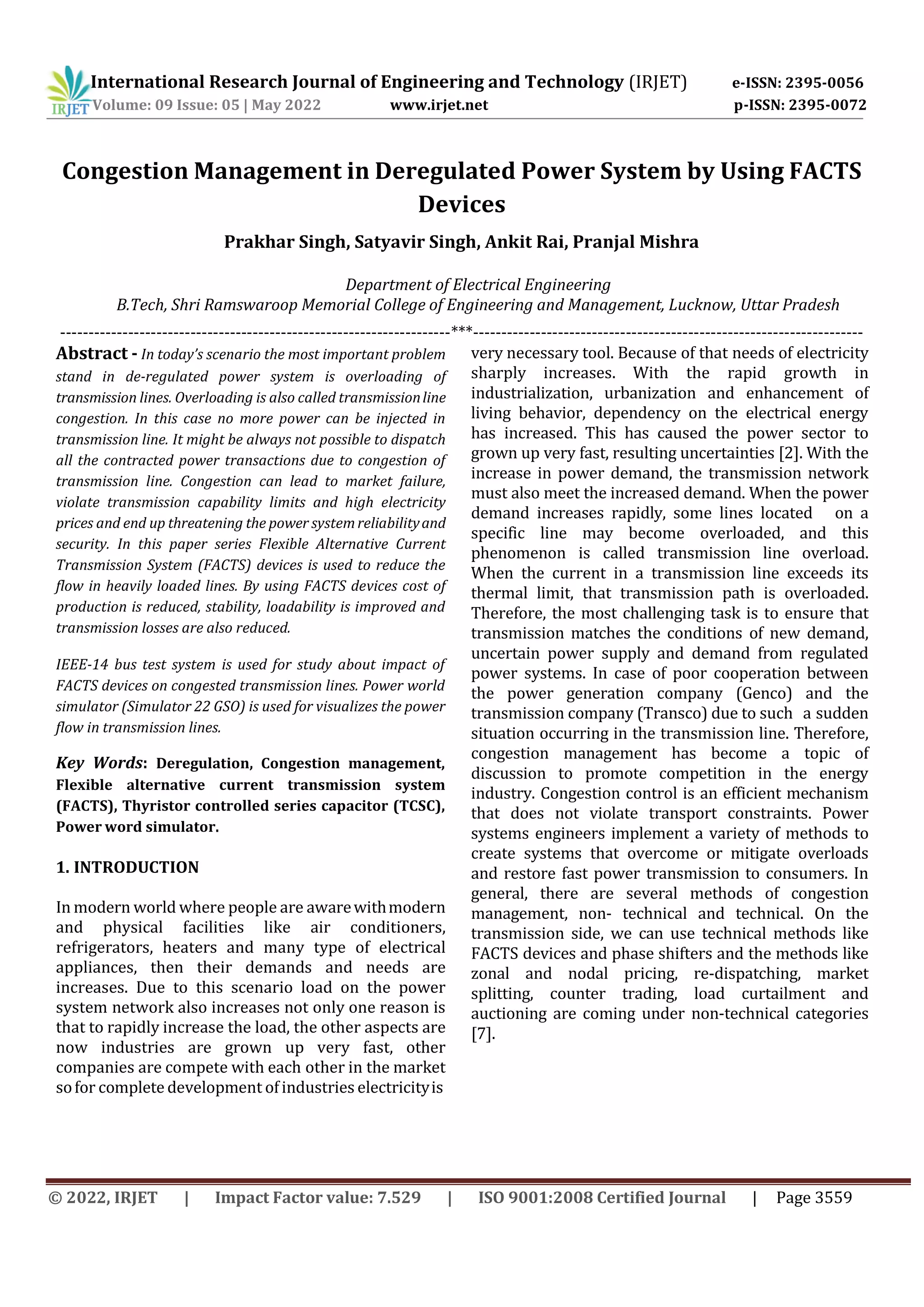 Congestion Management In Deregulated Power System By Using Facts Devices Pdf Computer