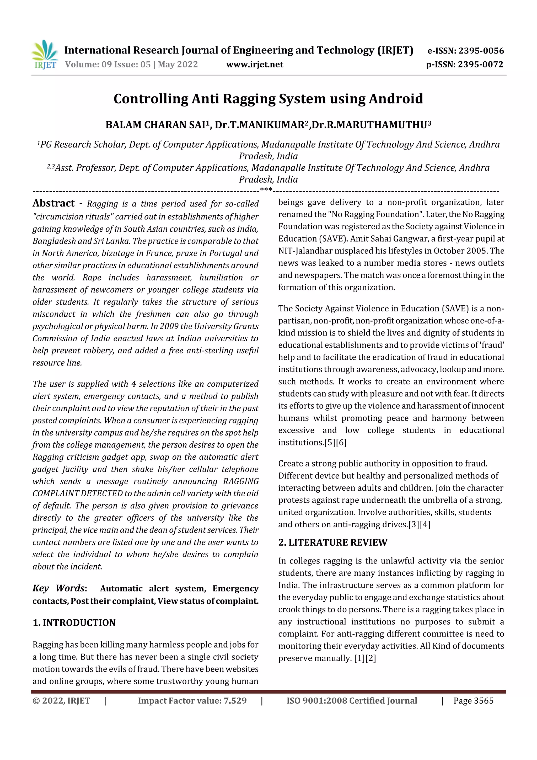 Controlling Anti Ragging System using Android | PDF