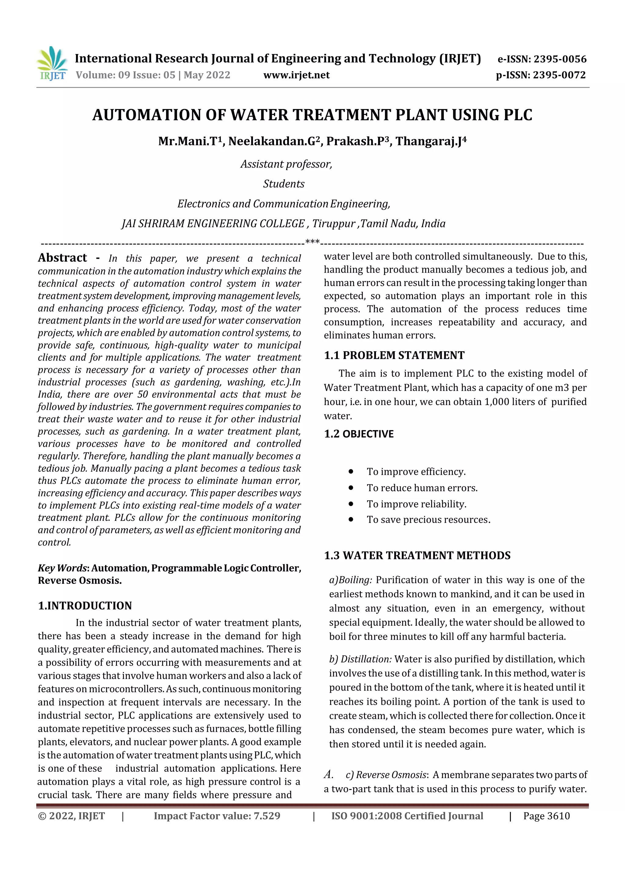 AUTOMATION OF WATER TREATMENT PLANT USING PLC | PDF