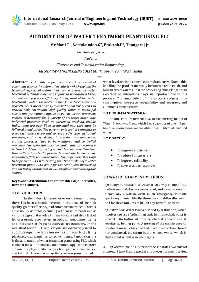 AUTOMATION OF WATER TREATMENT PLANT USING PLC | PDF