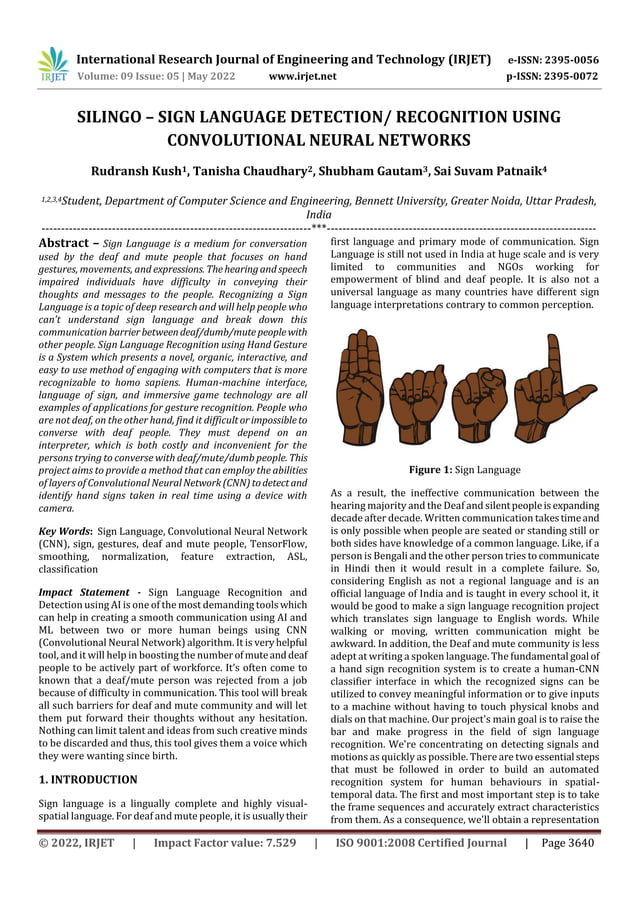 SILINGO – SIGN LANGUAGE DETECTION/ RECOGNITION USING CONVOLUTIONAL NEURAL NETWORKS | PDF | Ear ...