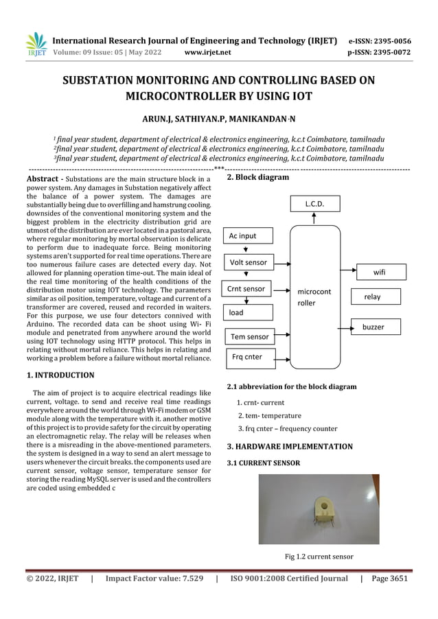 SUBSTATION MONITORING AND CONTROLLING BASED ON MICROCONTROLLER BY USING IOT | PDF