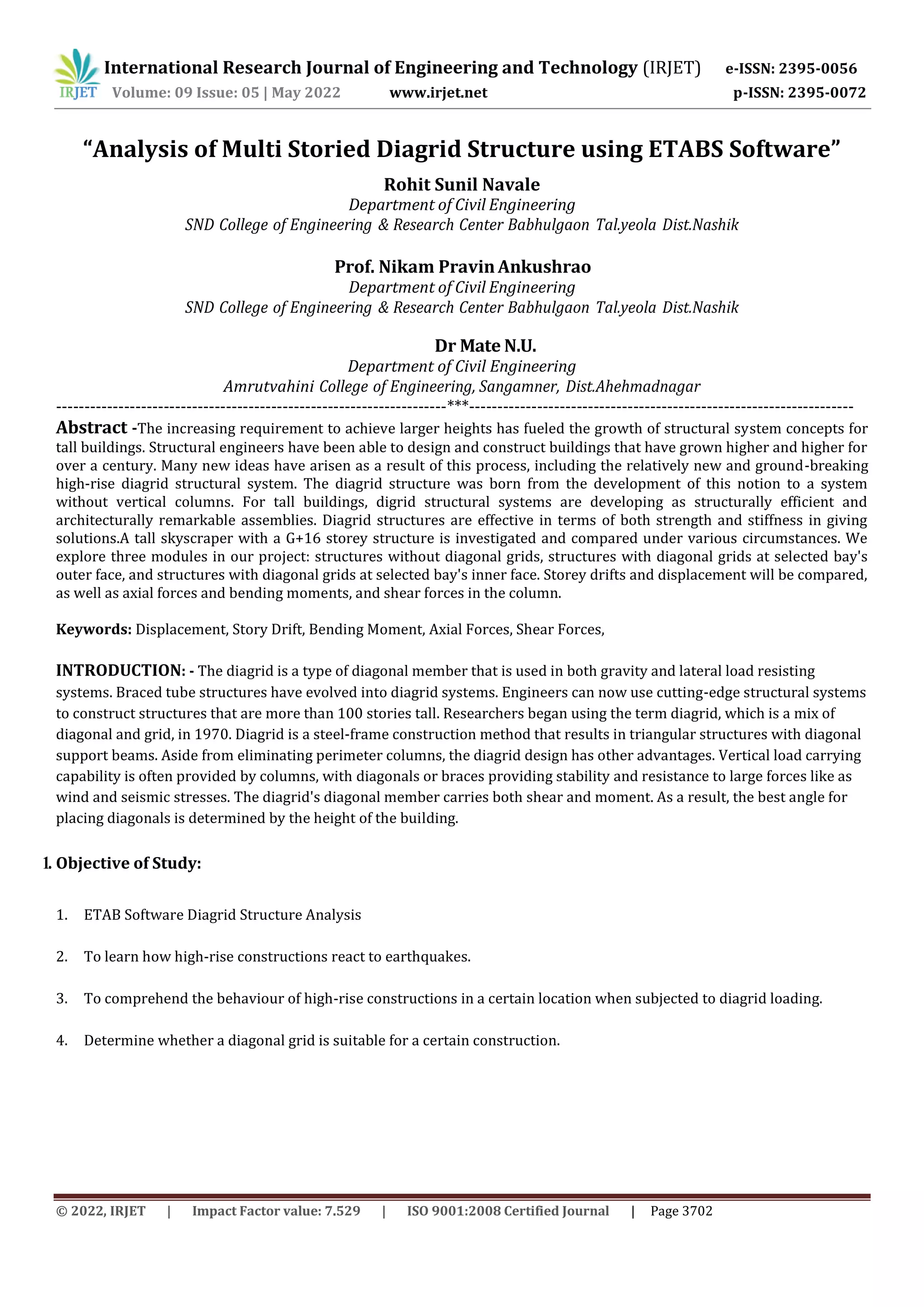 “Analysis of Multi Storied Diagrid Structure using ETABS Software” | PDF