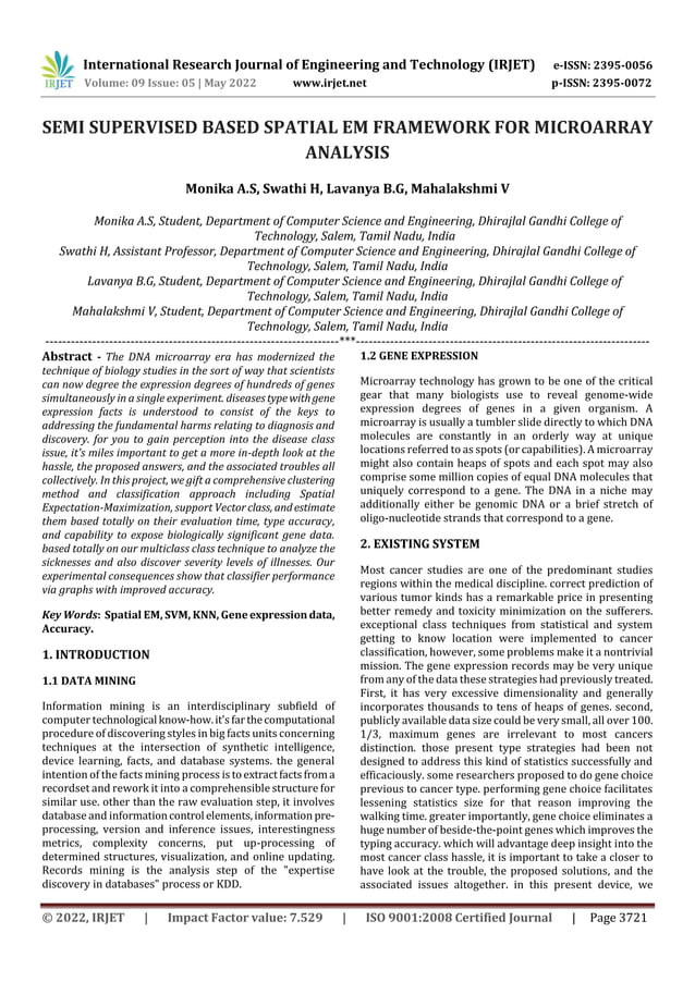 SEMI SUPERVISED BASED SPATIAL EM FRAMEWORK FOR MICROARRAY ANALYSIS | PDF | Databases | Computer ...