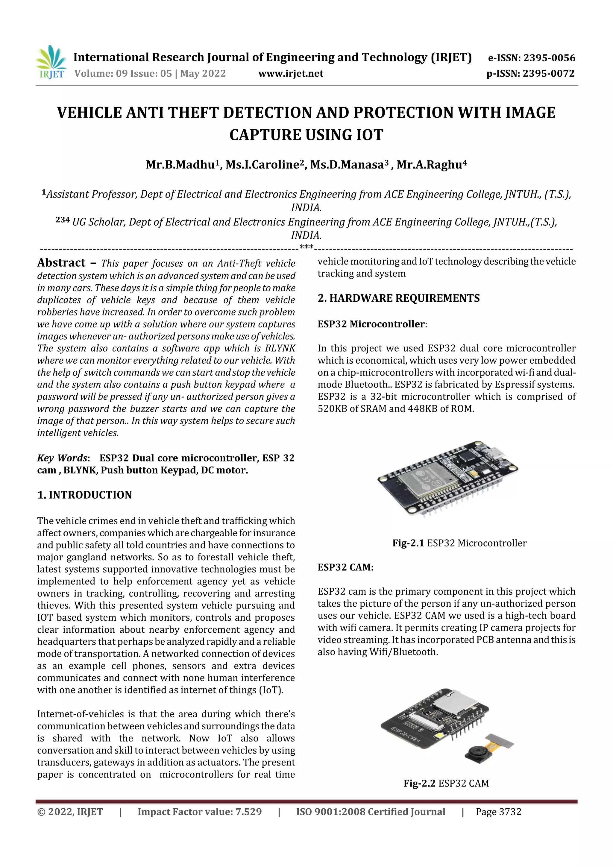 VEHICLE ANTI THEFT DETECTION AND PROTECTION WITH IMAGE CAPTURE USING IOT | PDF