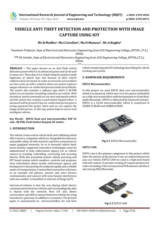 VEHICLE ANTI THEFT DETECTION AND PROTECTION WITH IMAGE CAPTURE USING IOT | PDF | Consumer ...
