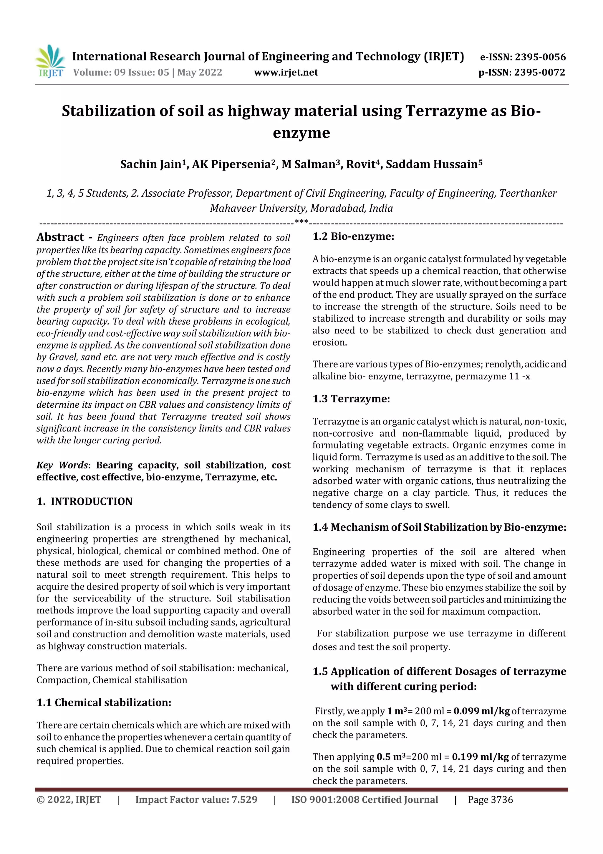 Stabilization of soil as highway material using Terrazyme as Bio ...