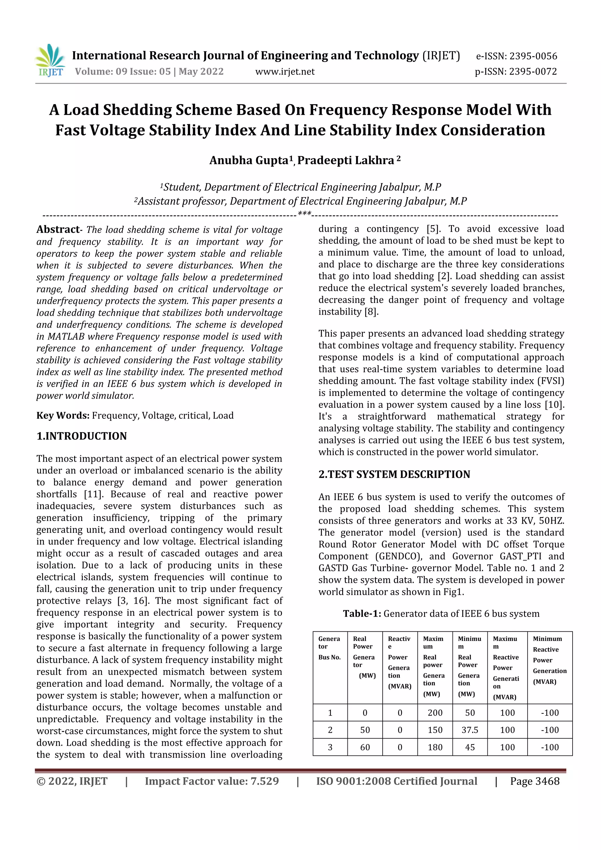 A Load Shedding Scheme Based On Frequency Response Model With Fast Voltage Stability Index And ...