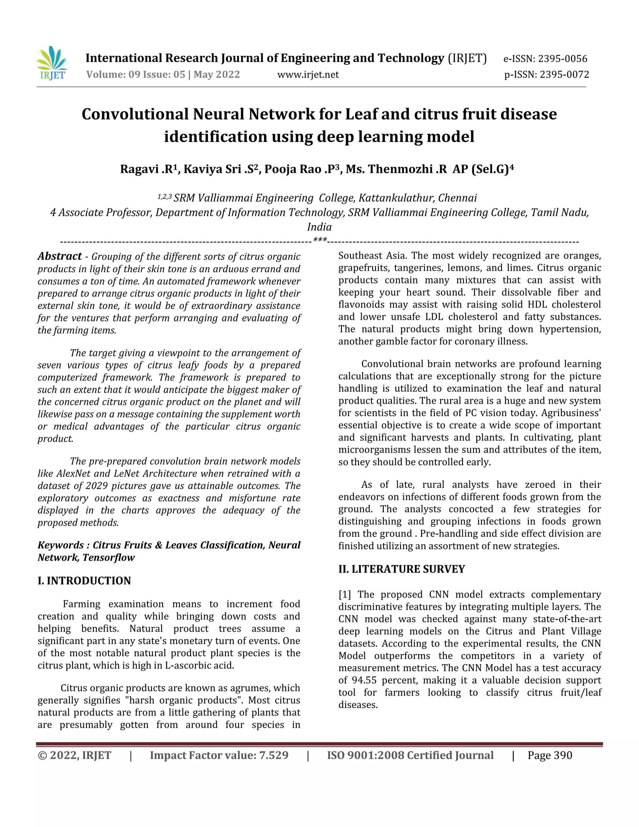 Convolutional Neural Network for Leaf and citrus fruit disease ...