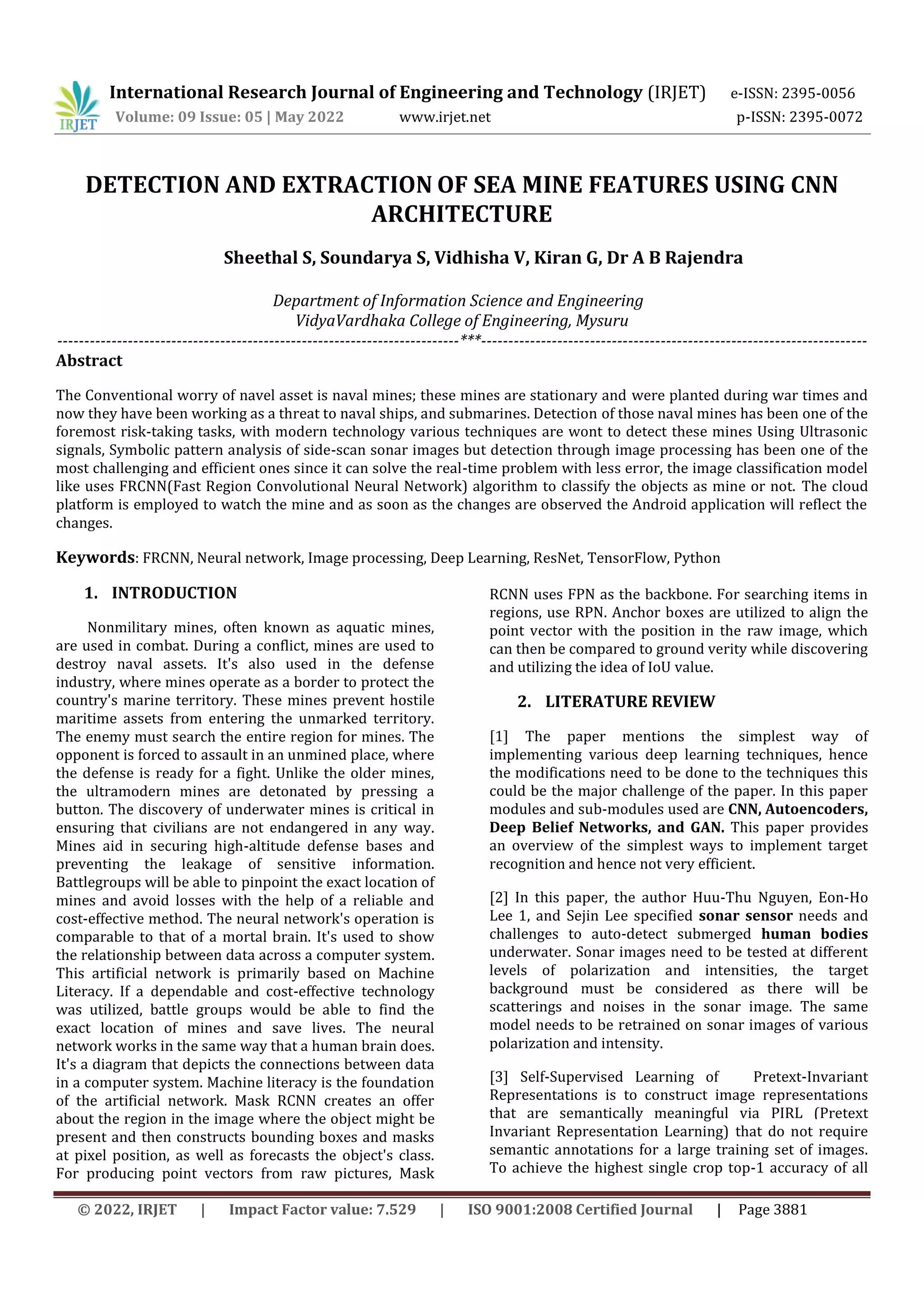 Detection And Extraction Of Sea Mine Features Using Cnn Architecture Pdf