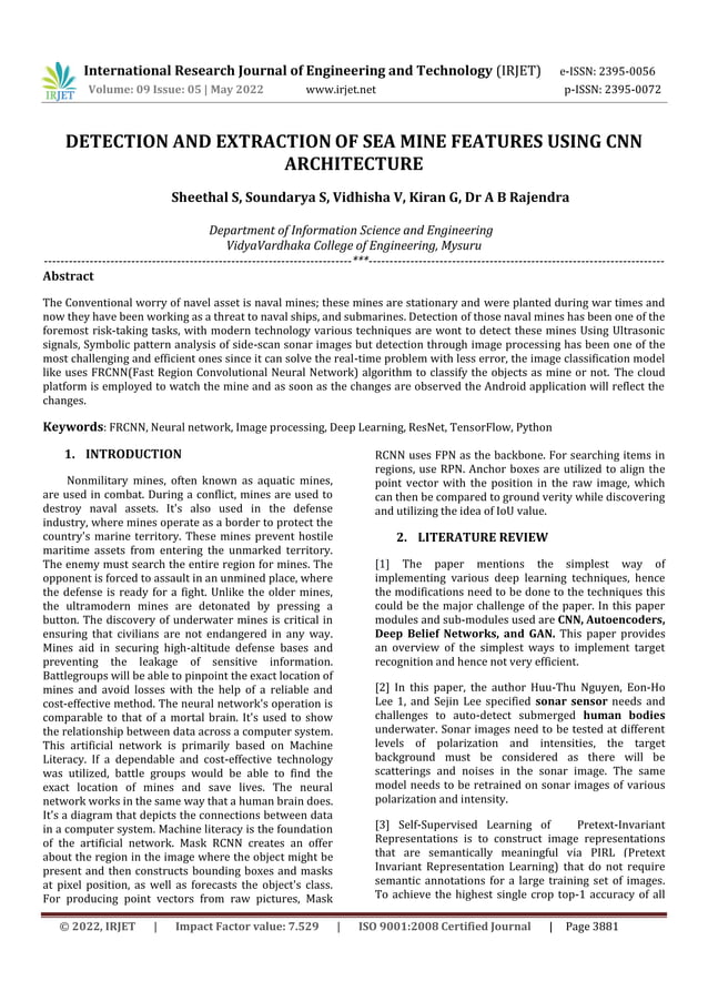DETECTION AND EXTRACTION OF SEA MINE FEATURES USING CNN ARCHITECTURE | PDF