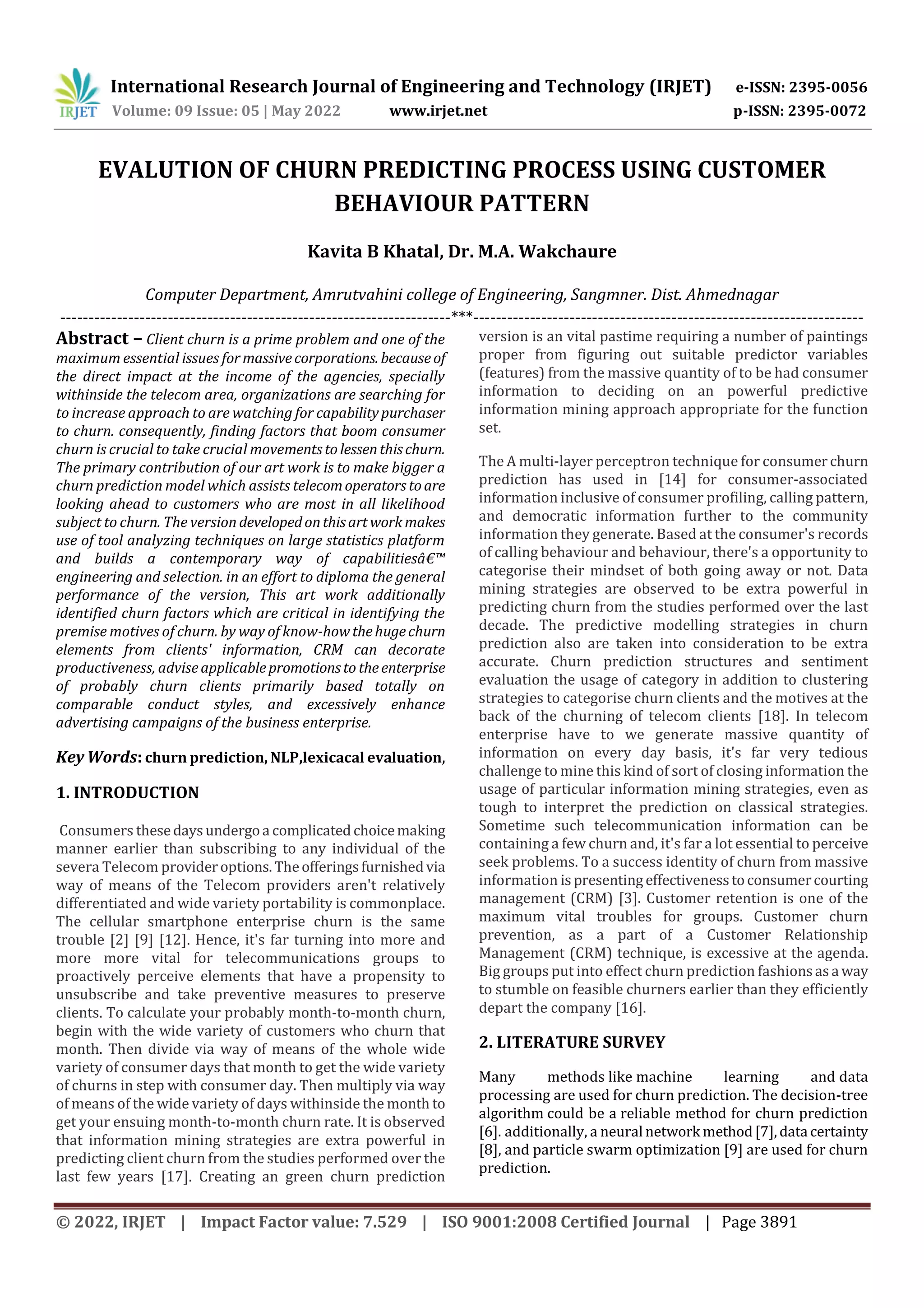 EVALUTION OF CHURN PREDICTING PROCESS USING CUSTOMER BEHAVIOUR PATTERN | PDF | Artificial ...