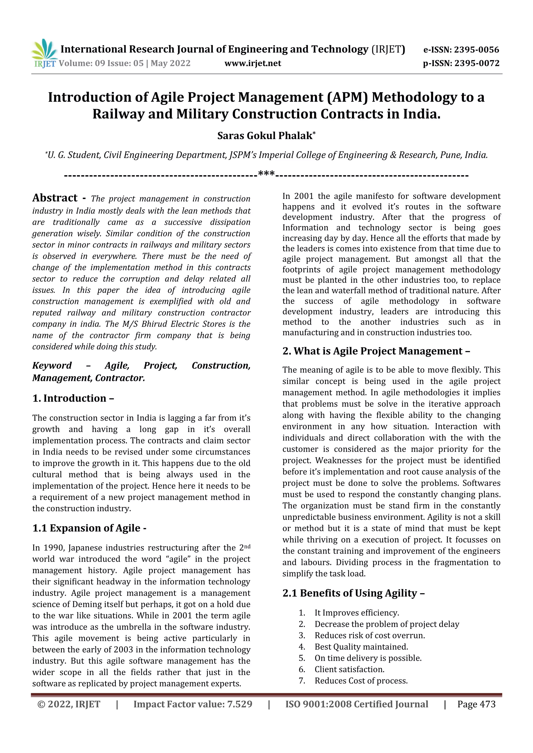 Introduction of Agile Project Management (APM) Methodology to a Railway and Military ...