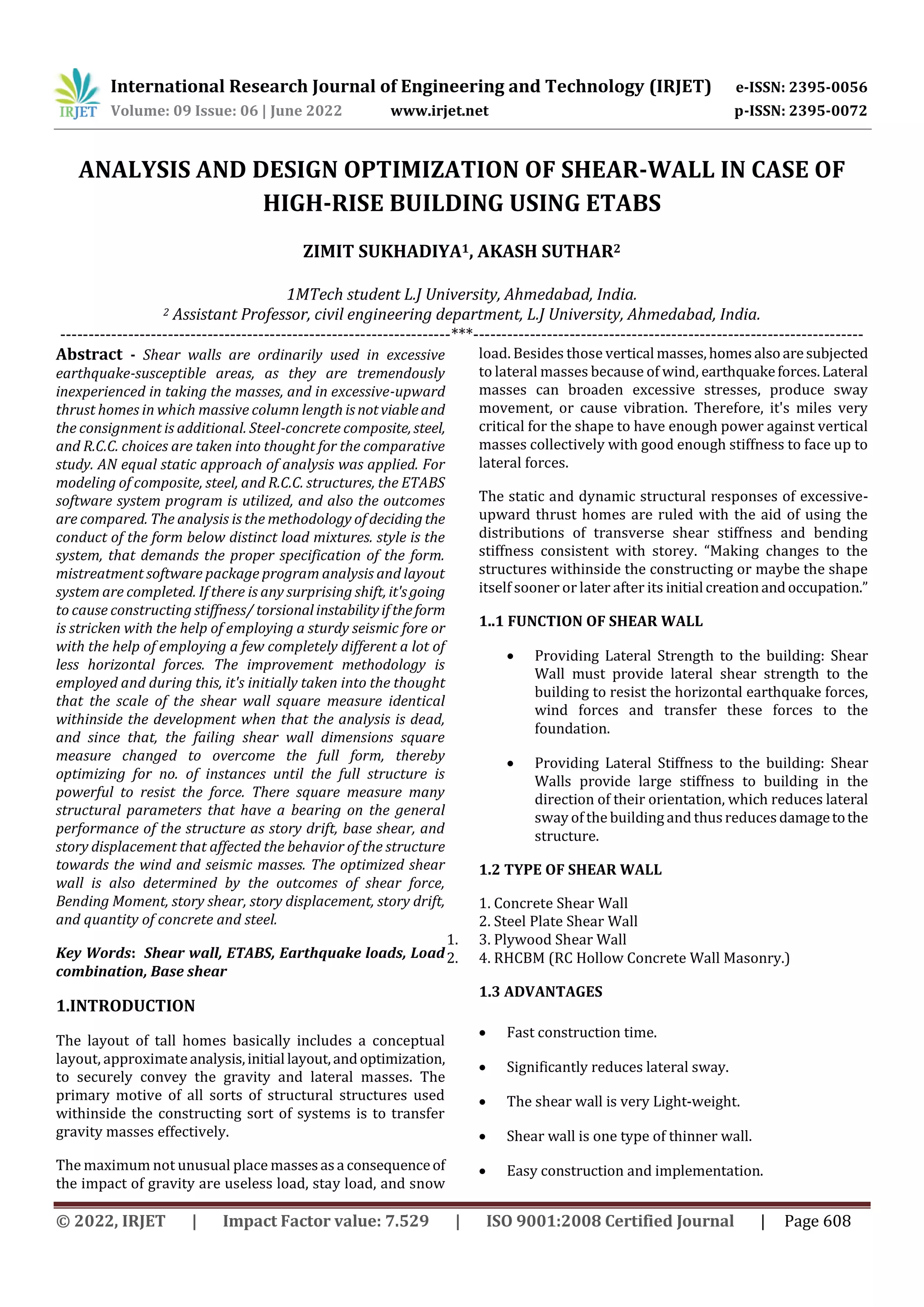 ANALYSIS AND DESIGN OPTIMIZATION OF SHEAR-WALL IN CASE OF HIGH-RISE BUILDING USING ETABS | PDF ...
