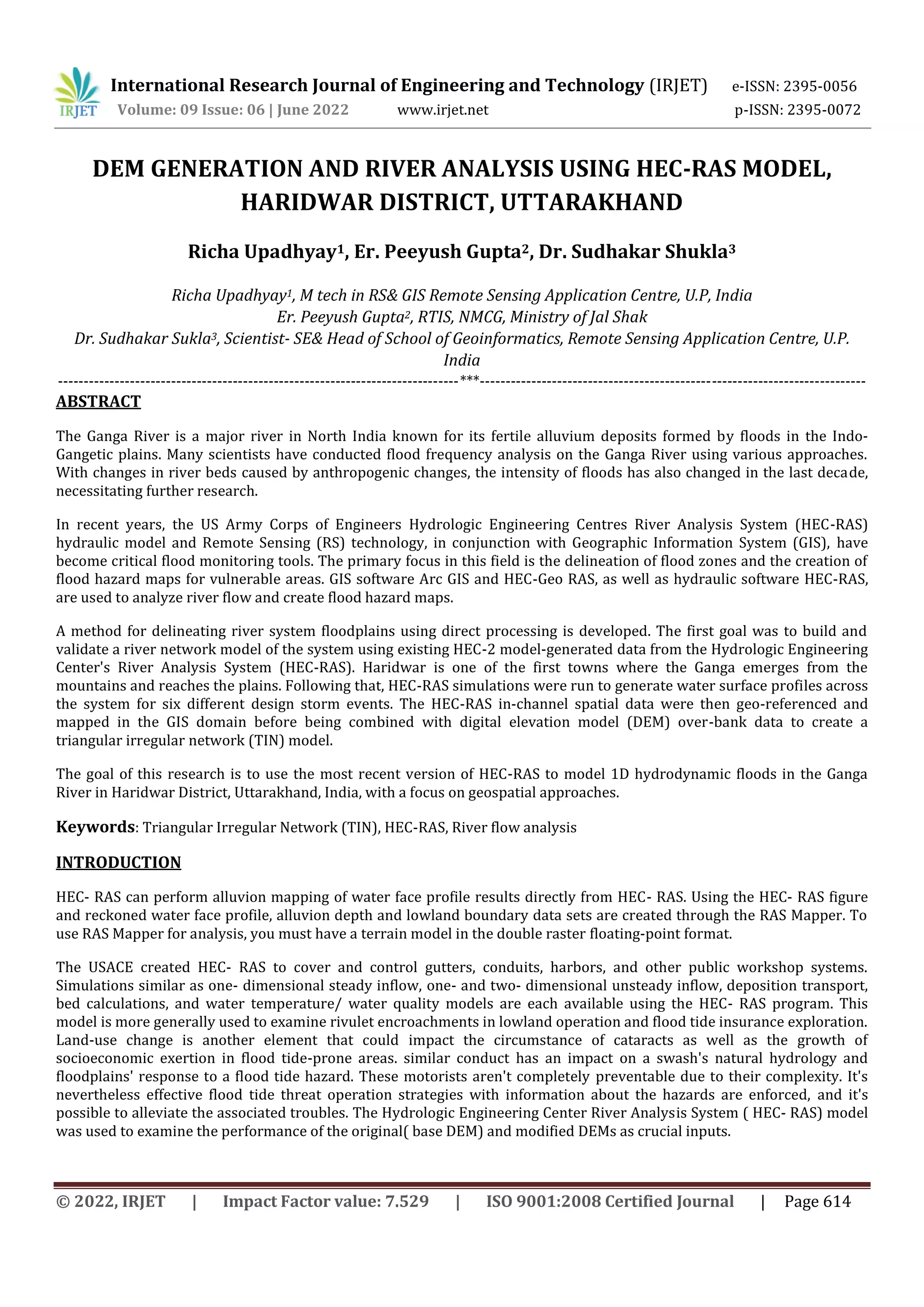 DEM GENERATION AND RIVER ANALYSIS USING HEC-RAS MODEL, HARIDWAR DISTRICT, UTTARAKHAND | PDF