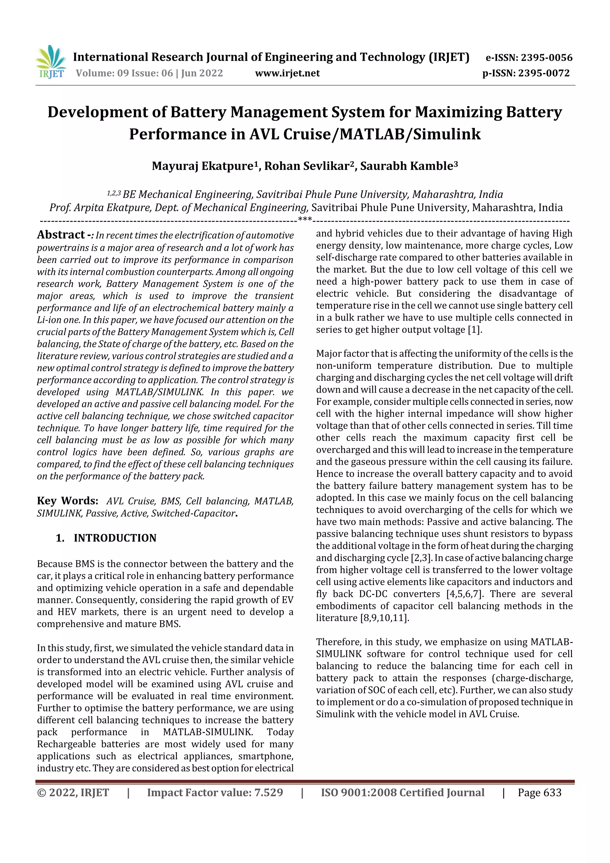Development of Battery Management System for Maximizing Battery Performance in AVL Cruise/MATLAB ...