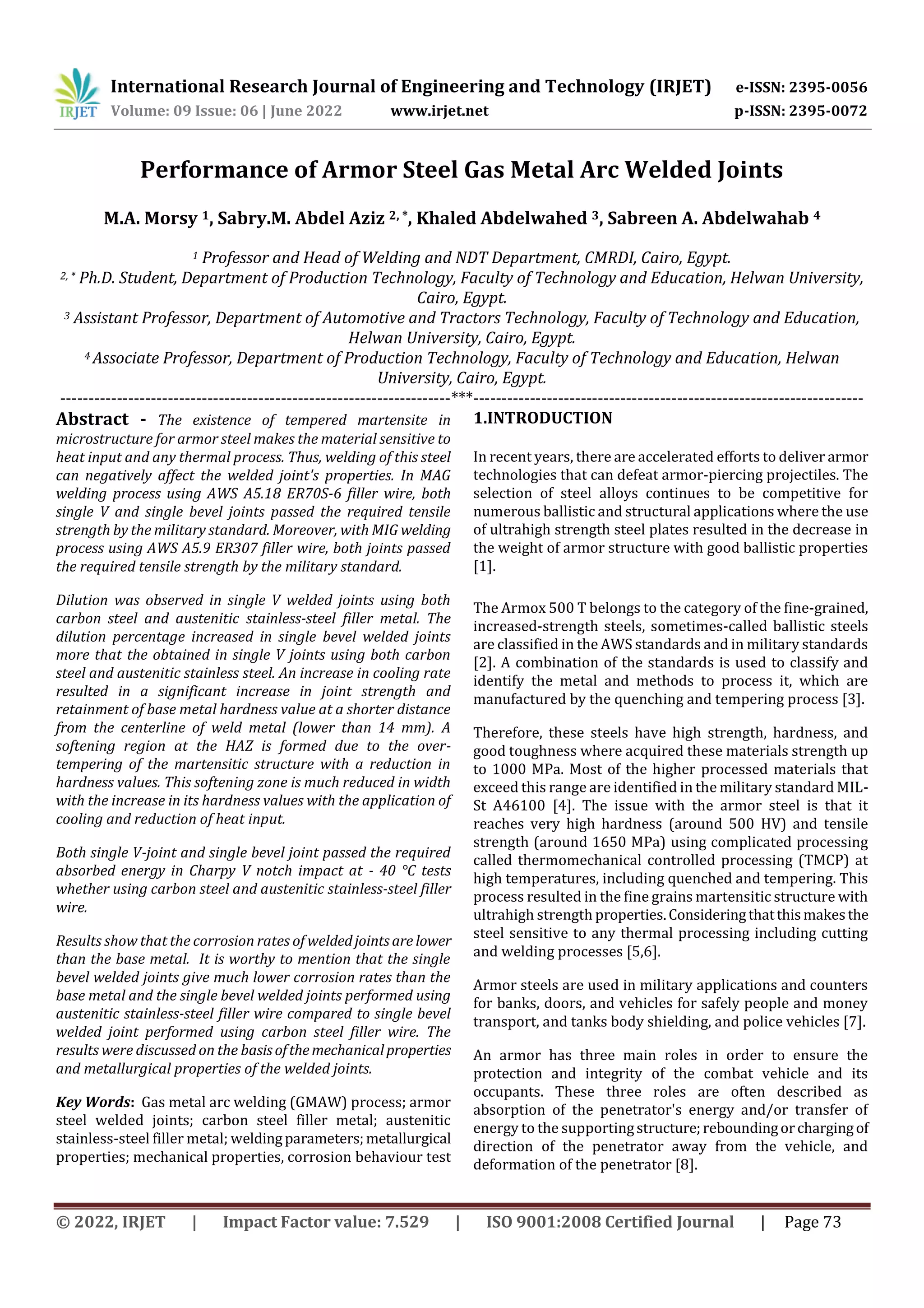 Performance of Armor Steel Gas Metal Arc Welded Joints | PDF ...