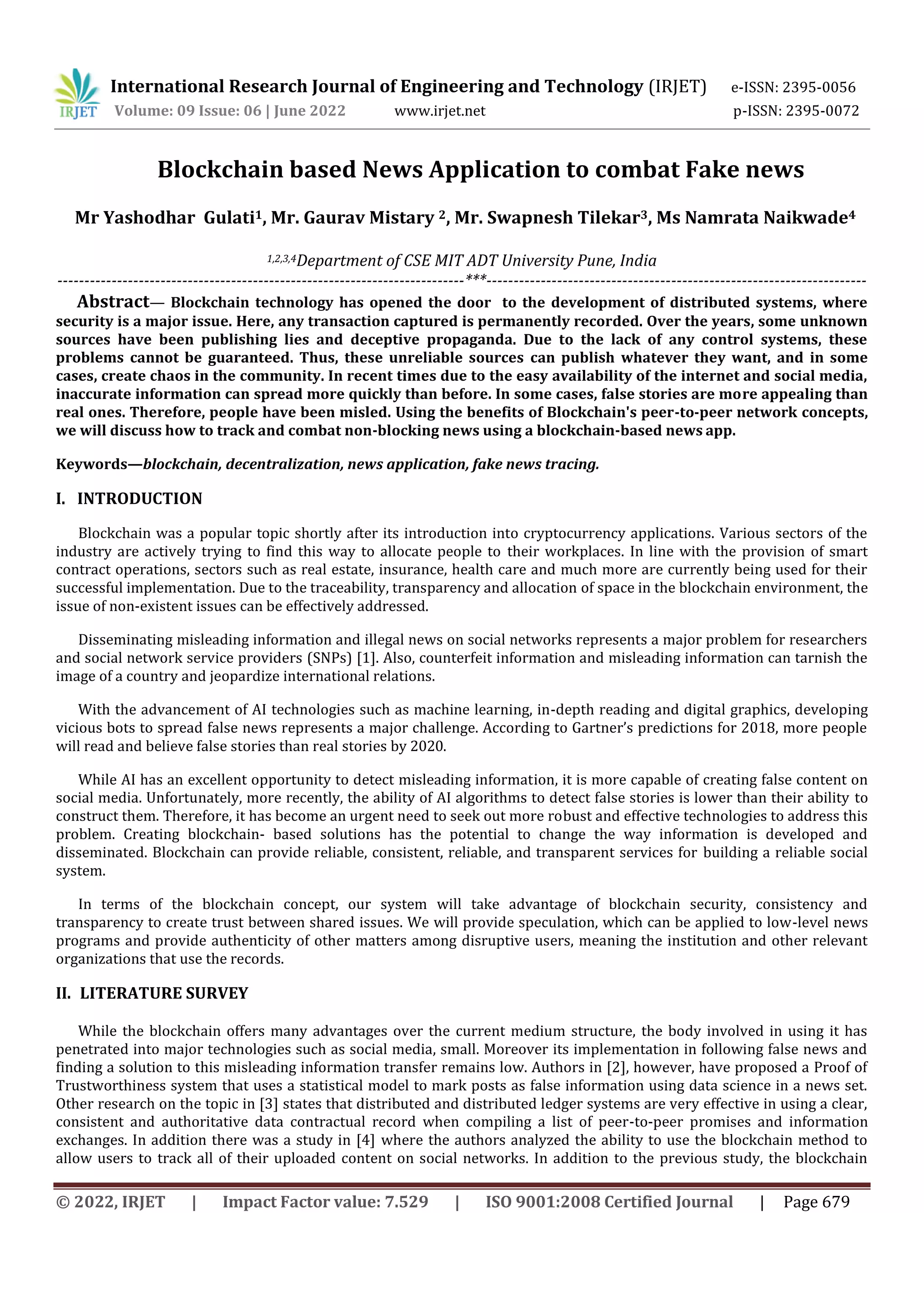 Blockchain based News Application to combat Fake news | PDF