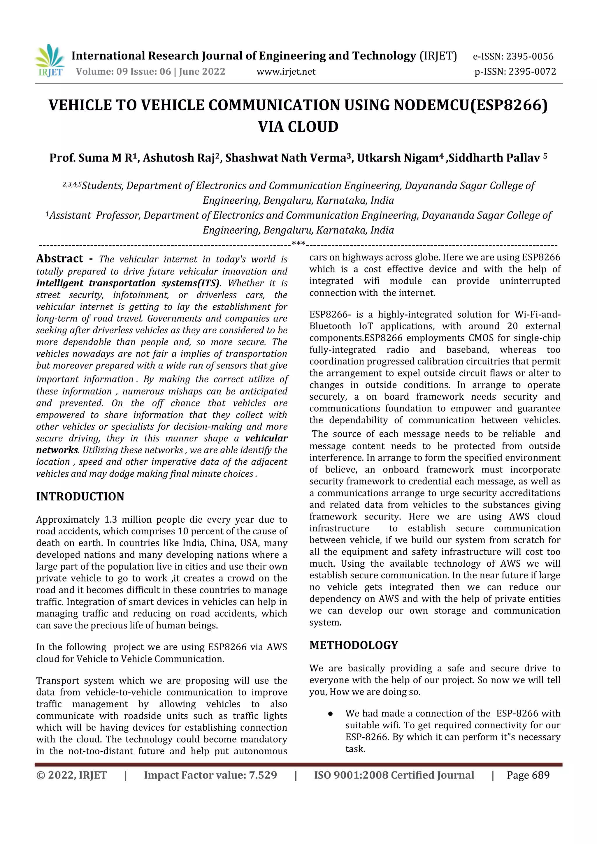 VEHICLE TO VEHICLE COMMUNICATION USING NODEMCU(ESP8266) VIA CLOUD | PDF