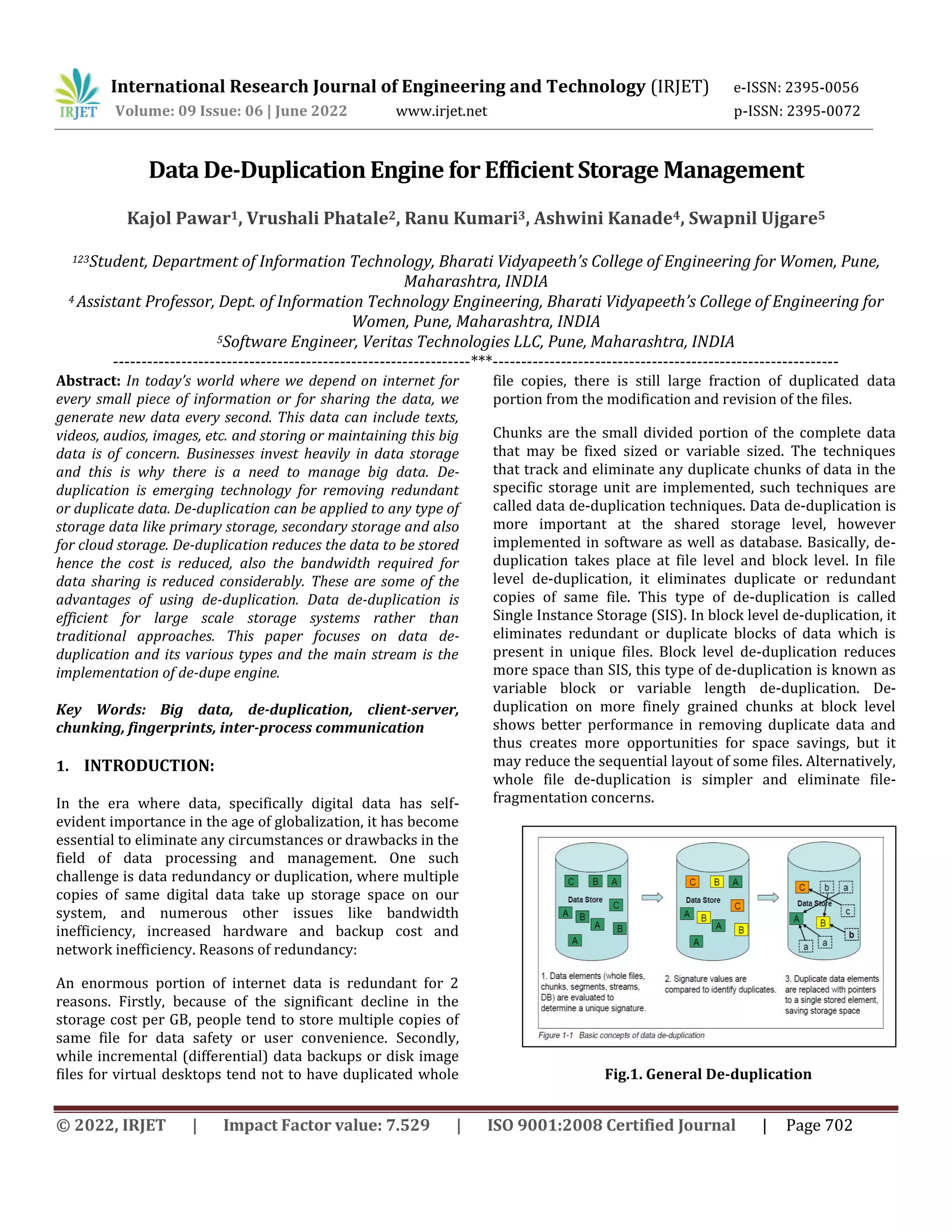 Data De-Duplication Engine for Efficient Storage Management | PDF | Data Storage and Warehousing ...