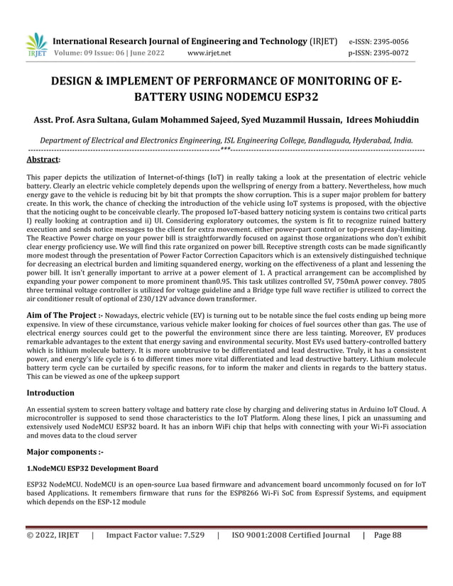 Design And Implement Of Performance Of Monitoring Of E Battery Using