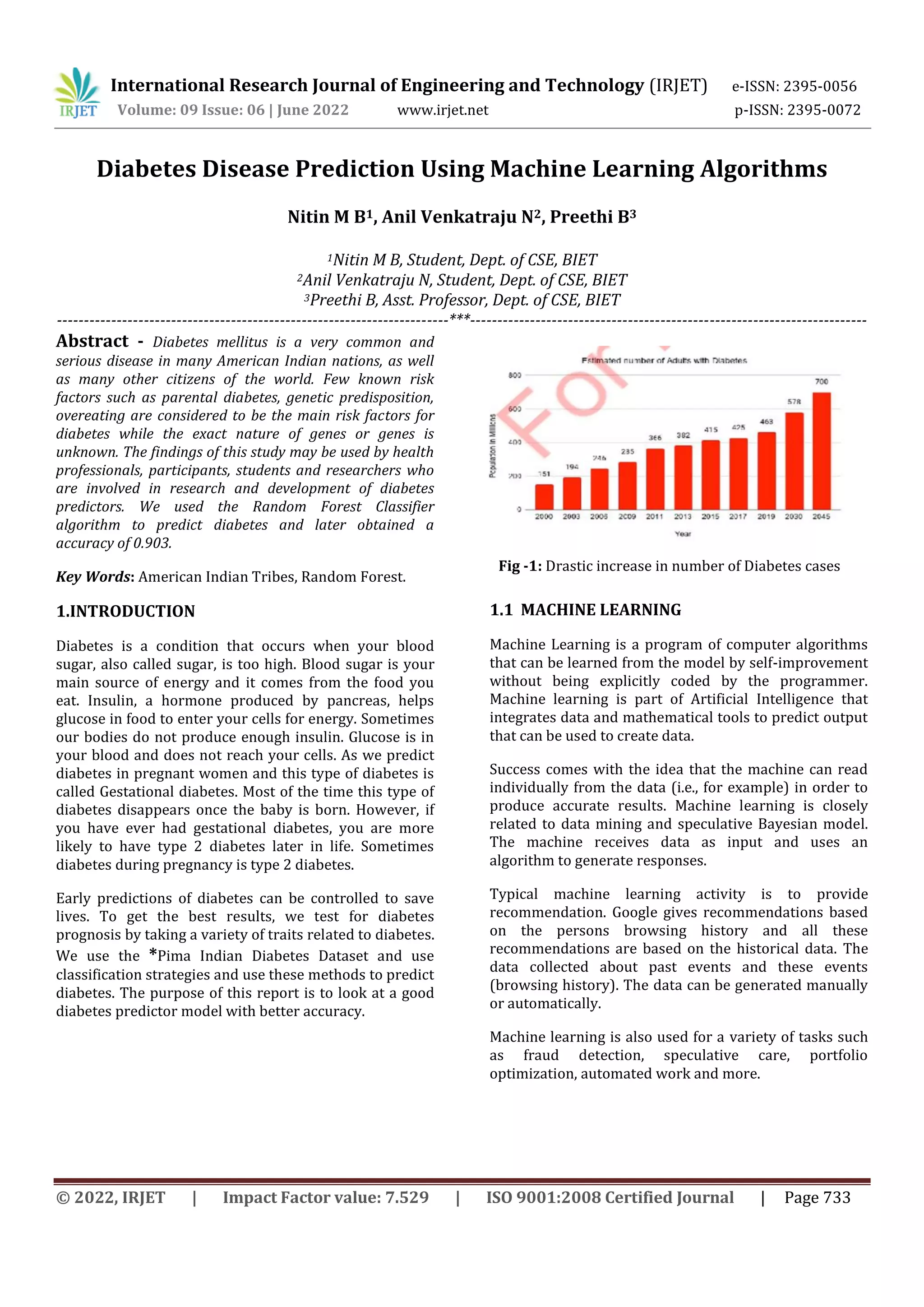 Diabetes Disease Prediction Using Machine Learning Algorithms | PDF