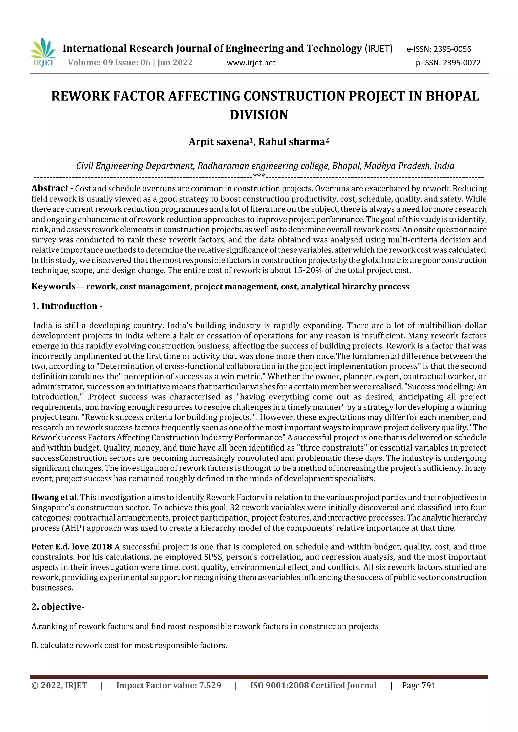 REWORK FACTOR AFFECTING CONSTRUCTION PROJECT IN BHOPAL DIVISION | PDF