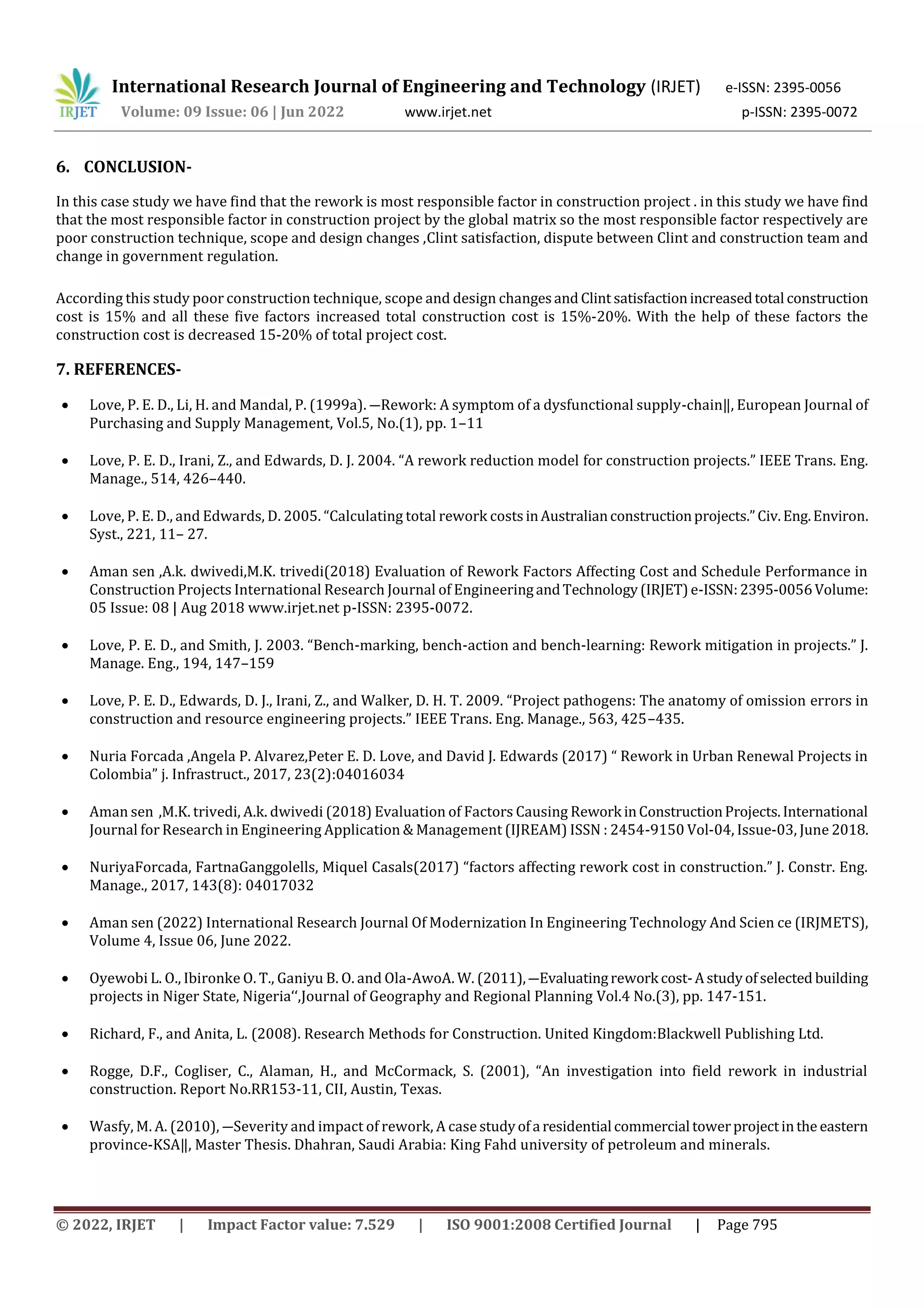 REWORK FACTOR AFFECTING CONSTRUCTION PROJECT IN BHOPAL DIVISION | PDF