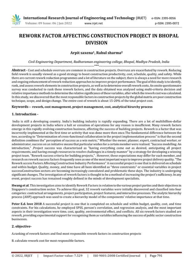 REWORK FACTOR AFFECTING CONSTRUCTION PROJECT IN BHOPAL DIVISION | PDF