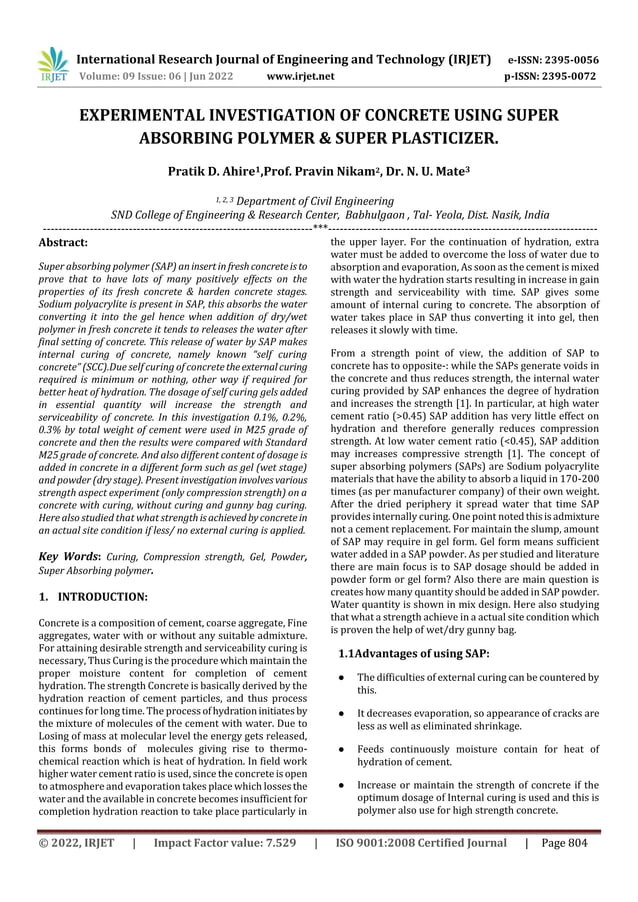 EXPERIMENTAL INVESTIGATION OF CONCRETE USING SUPER ABSORBING POLYMER & SUPER PLASTICIZER | PDF